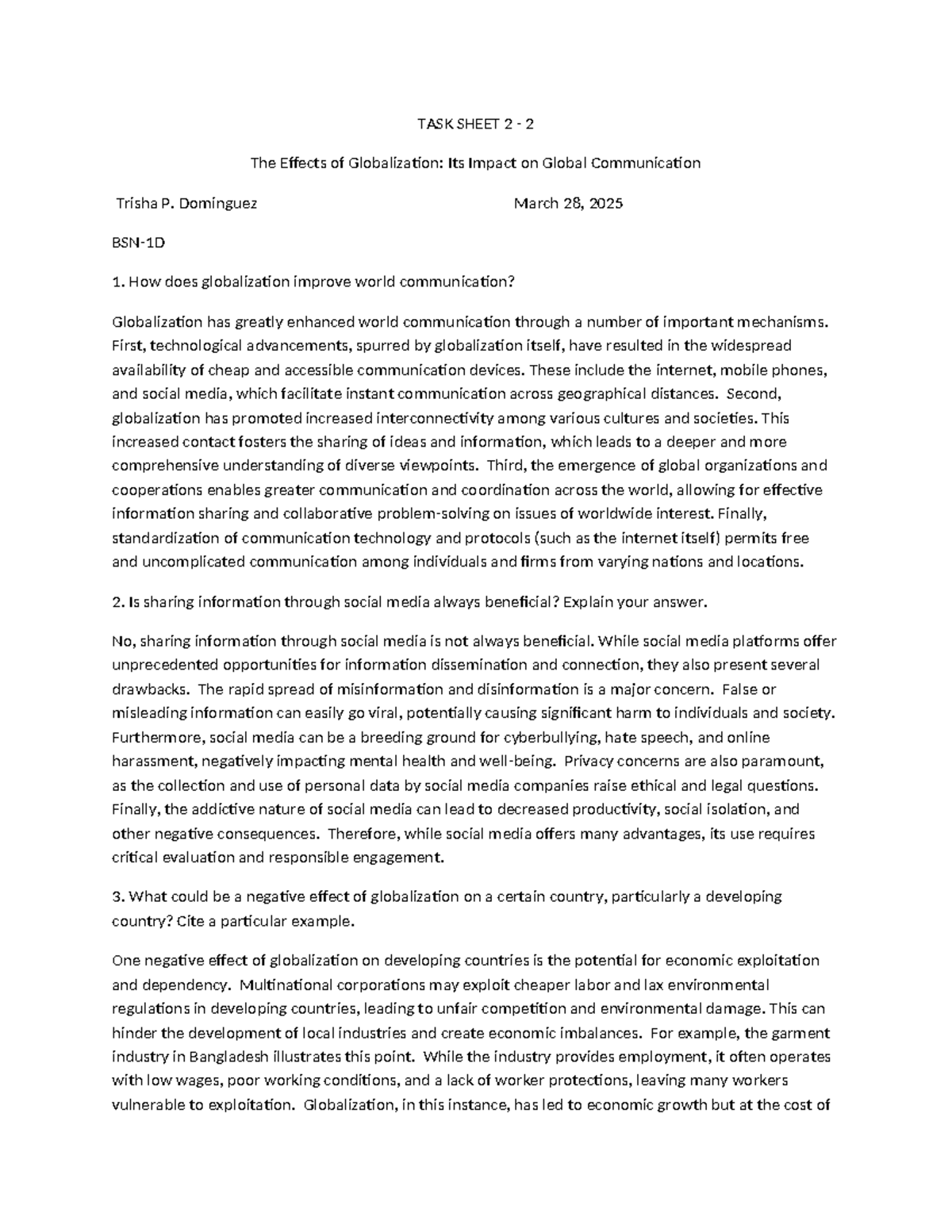 TASK SHEET 2: The Impact of Globalization on Communication - Studocu