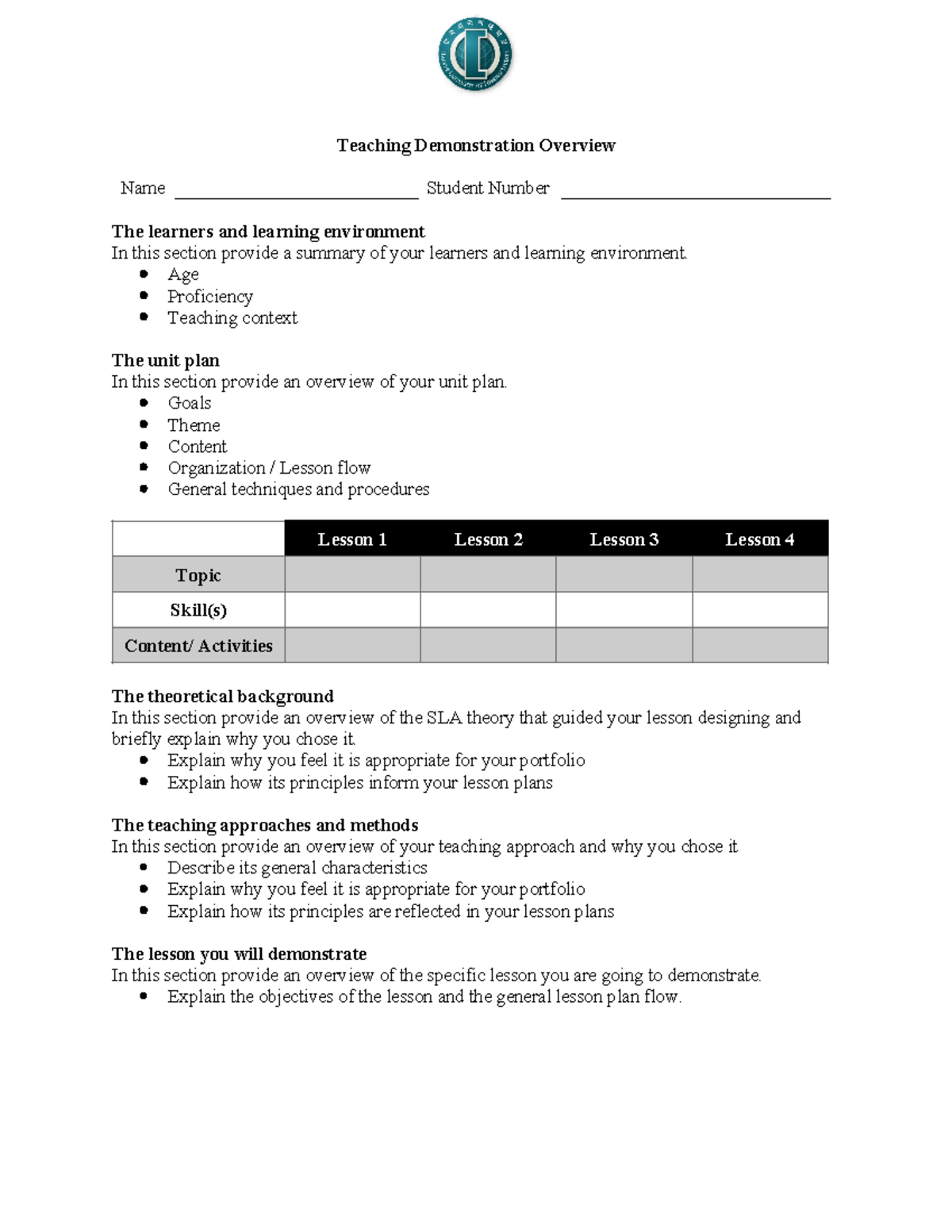 Teaching overview template 3 - Teaching Demonstration Overview Name ...