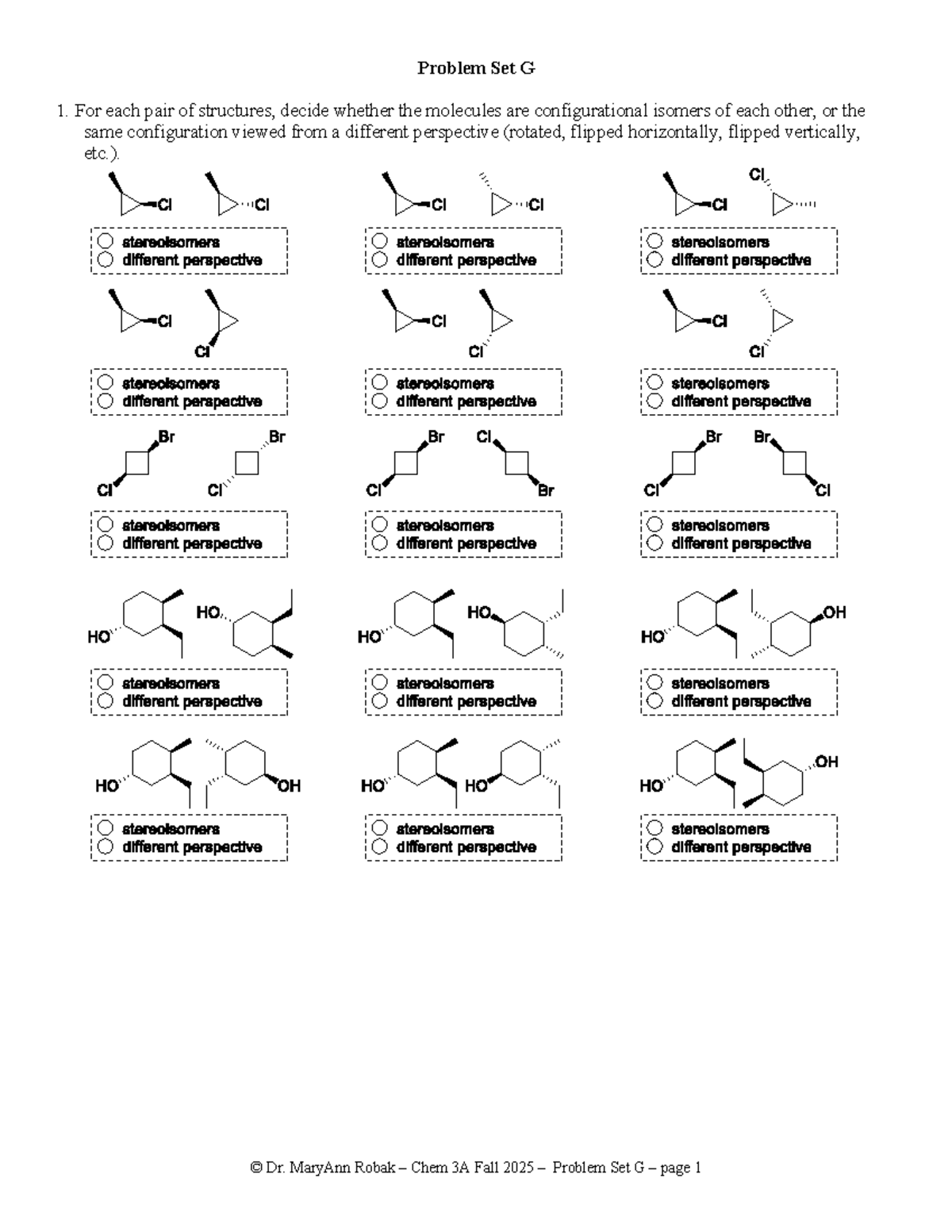 Chem 3A Fall 2025 Problem Set G: Configurational Isomers ...