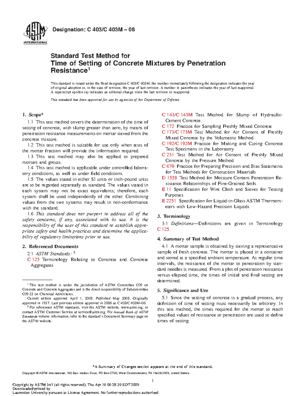 C403 - Standard Test Method for Time of Setting of Concrete - Studocu