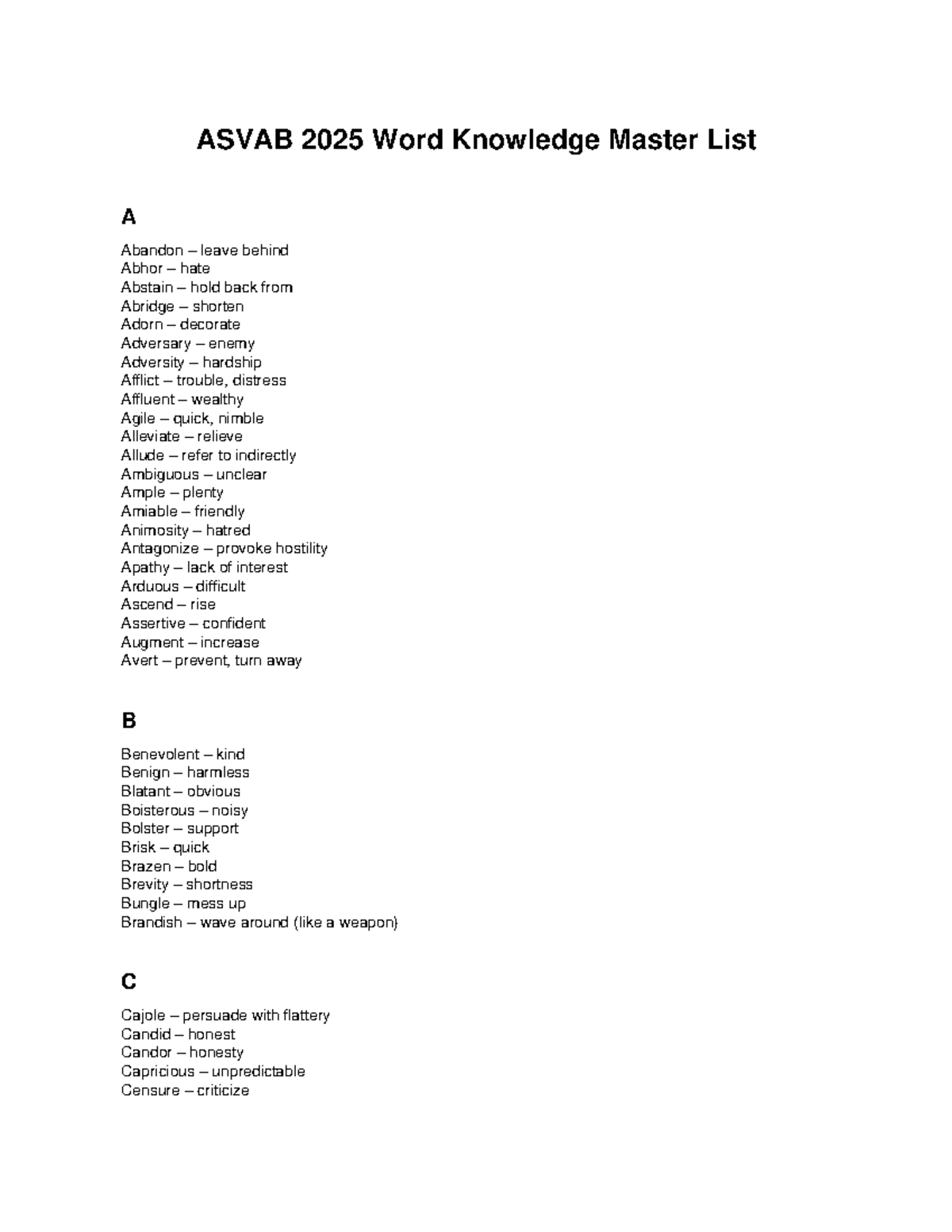ASVAB 2025 Word Knowledge Master List with Definitions - Studocu