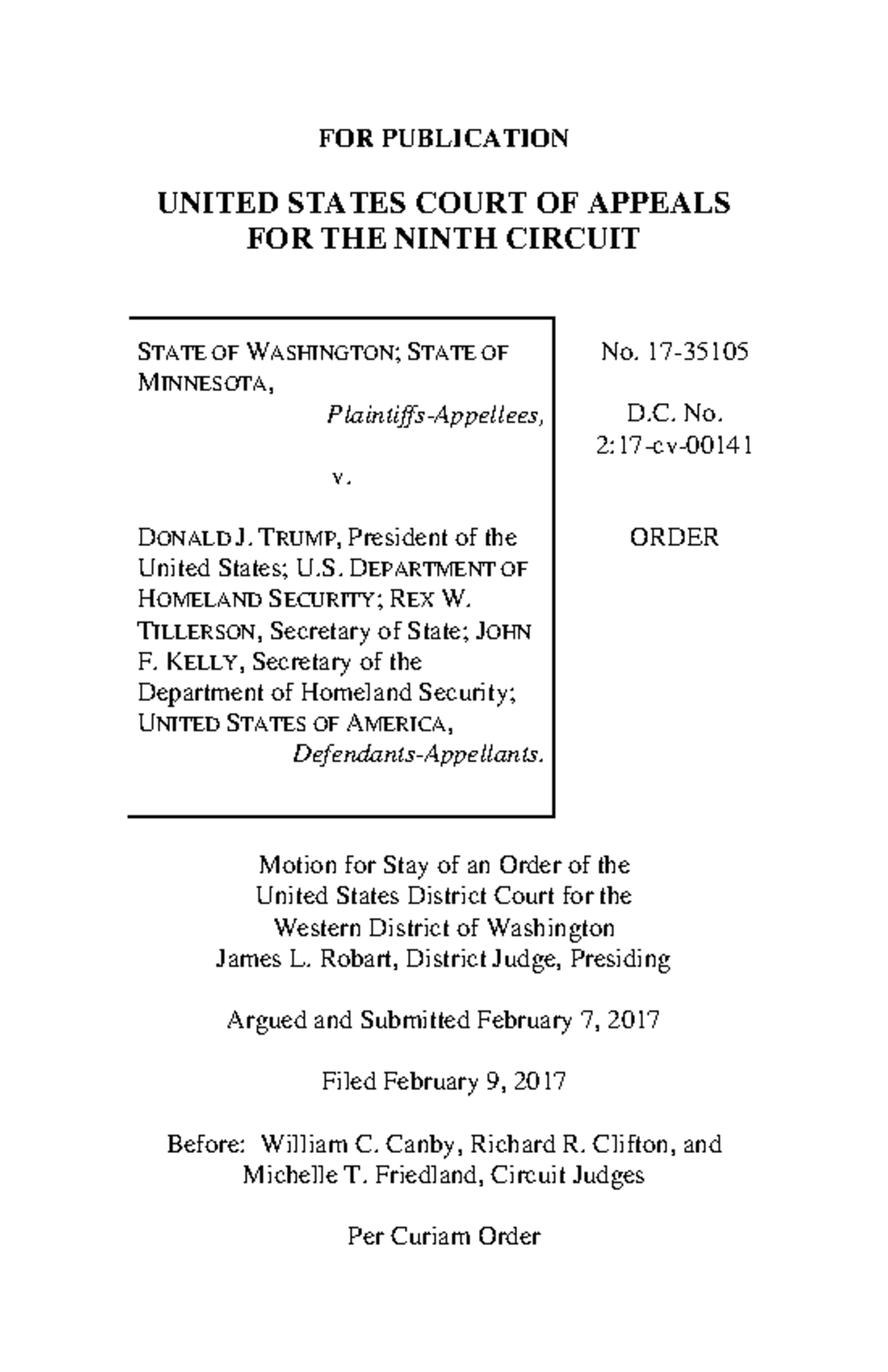 Washington v. Trump: 9th Circuit Appeal on Executive Order 13769 - Studocu