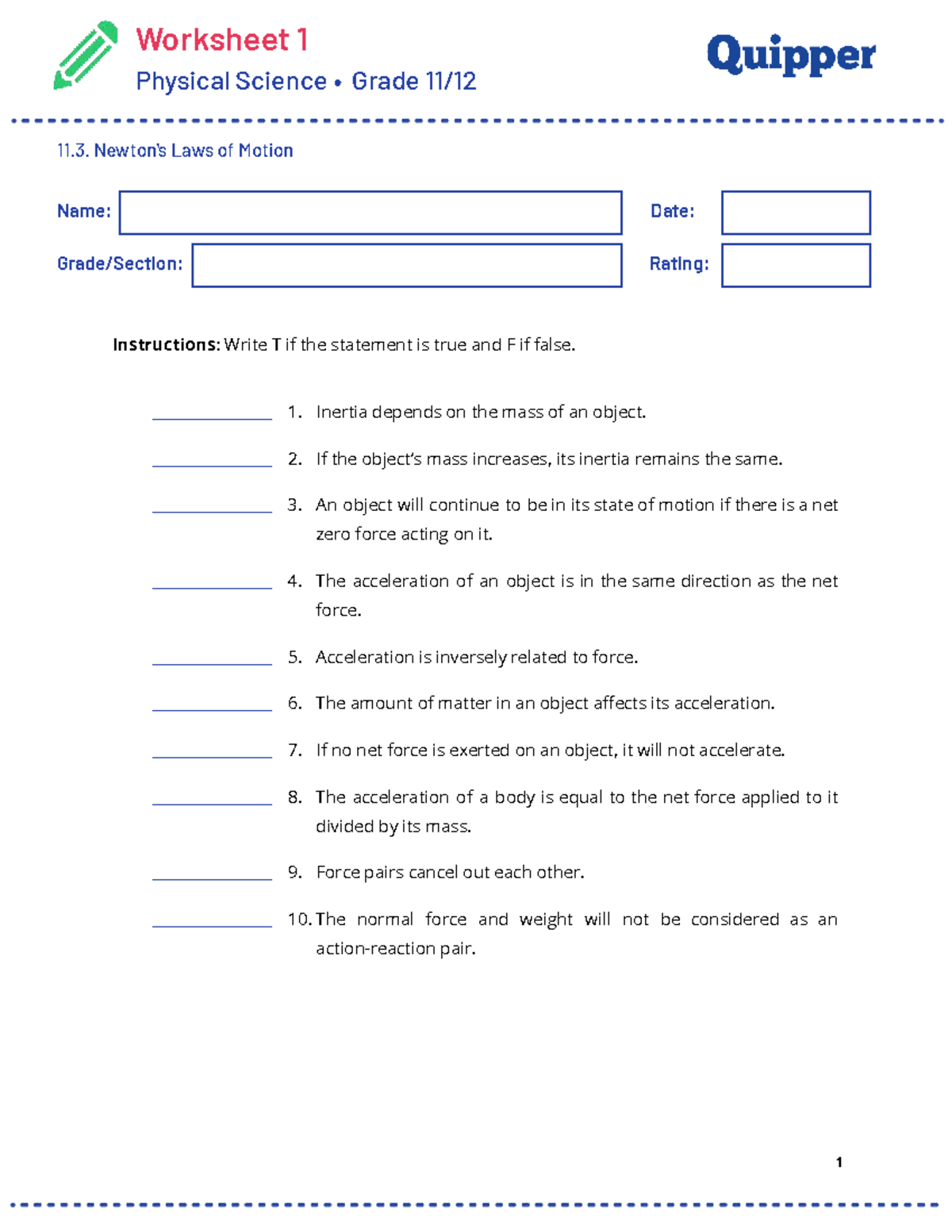 Worksheet 1: Laws of Motion - Physical Science Grade 11.3 - Studocu