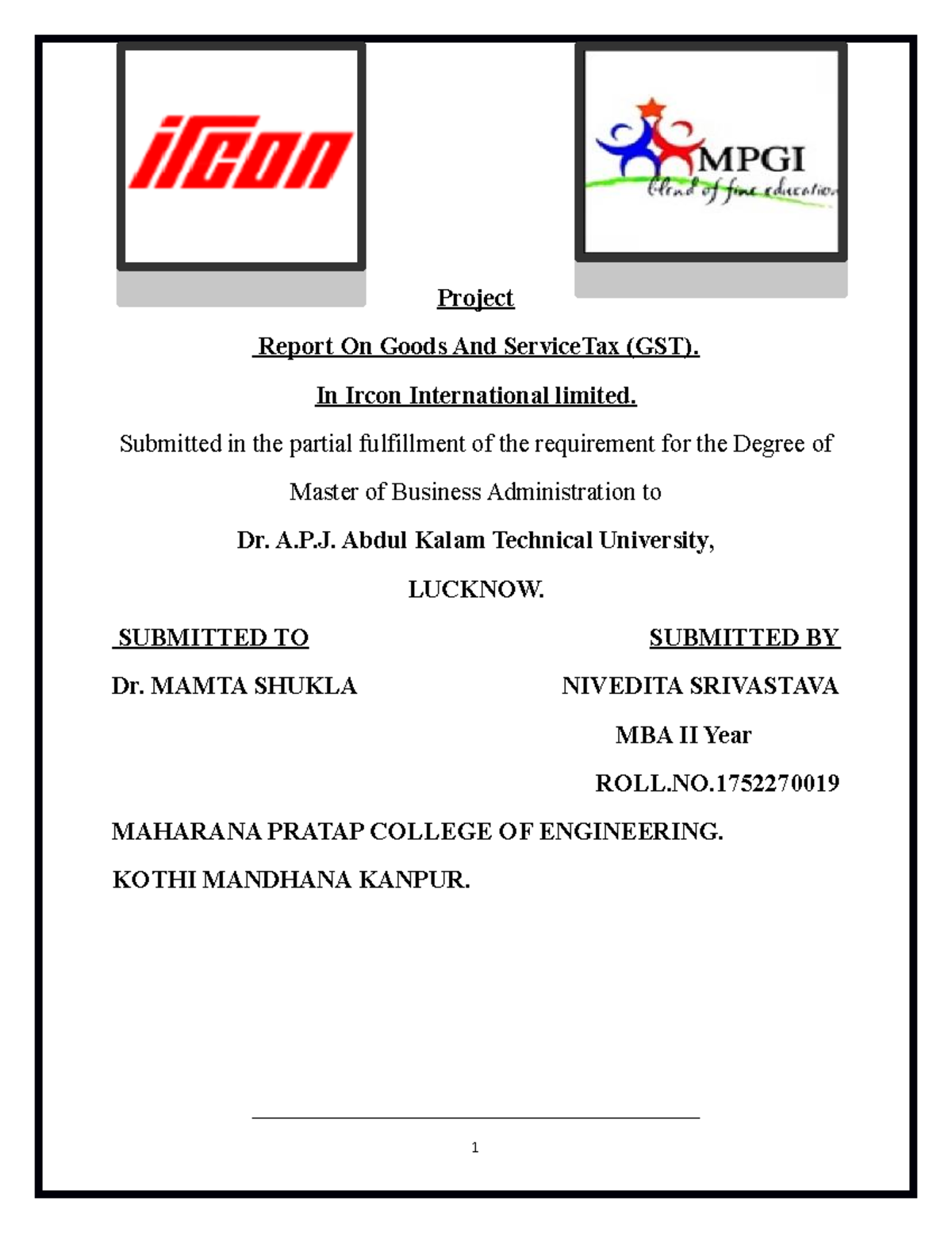 MBA GST Project Report - Project Report On Goods And ServiceTax (GST ...