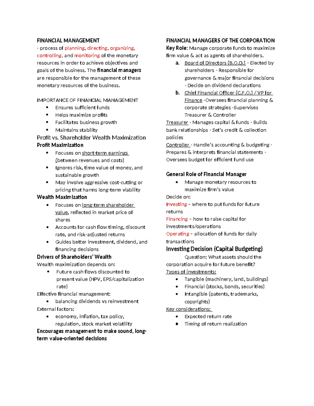 Financial Management - Key Concepts and Definitions (FIN 101) - Studocu