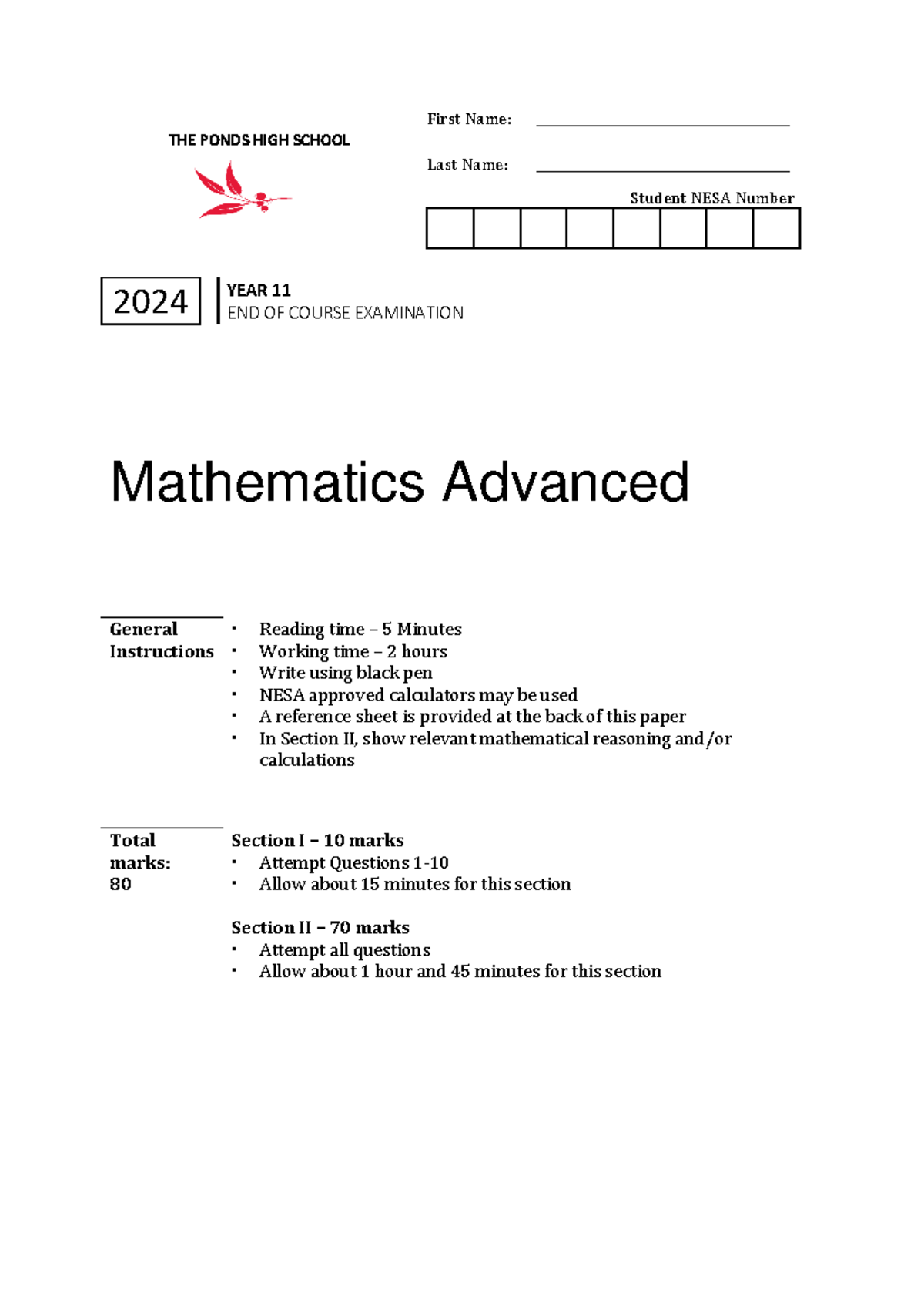 TPHS 2024 Year 11 Mathematics Advanced Final Exam - Studocu