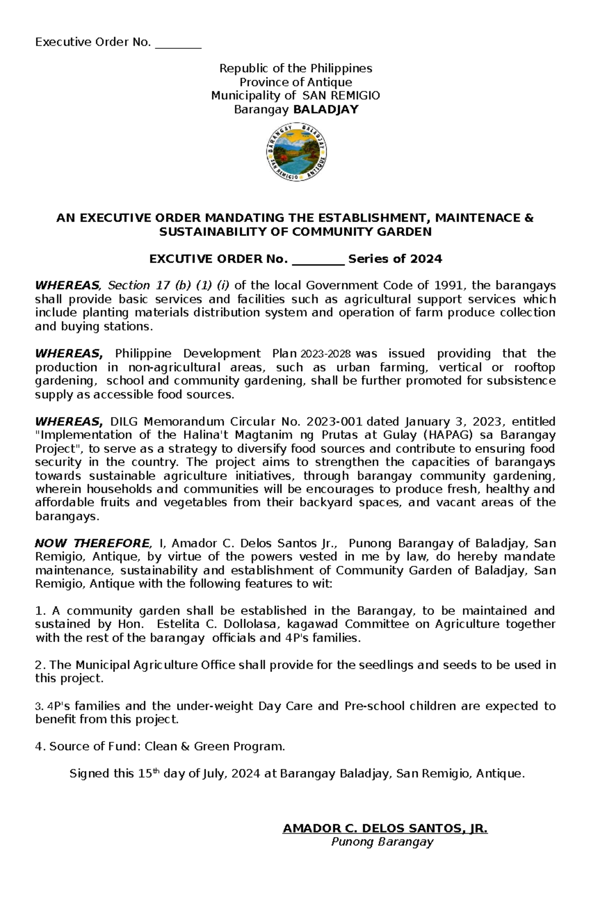 Executive Order No. 1 - Community Garden Initiative (HAPAG) 2024 - Studocu