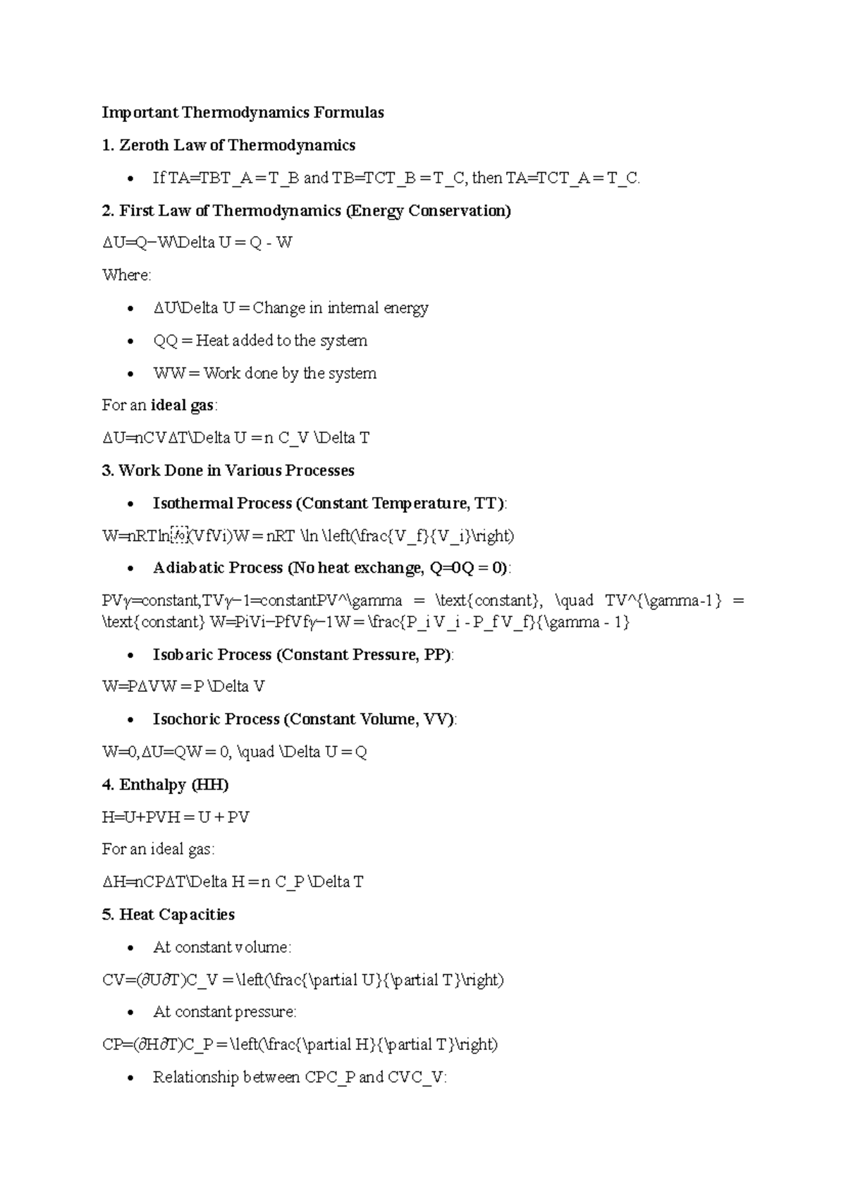 Important Thermodynamics Formulas - Important Thermodynamics Formulas ...