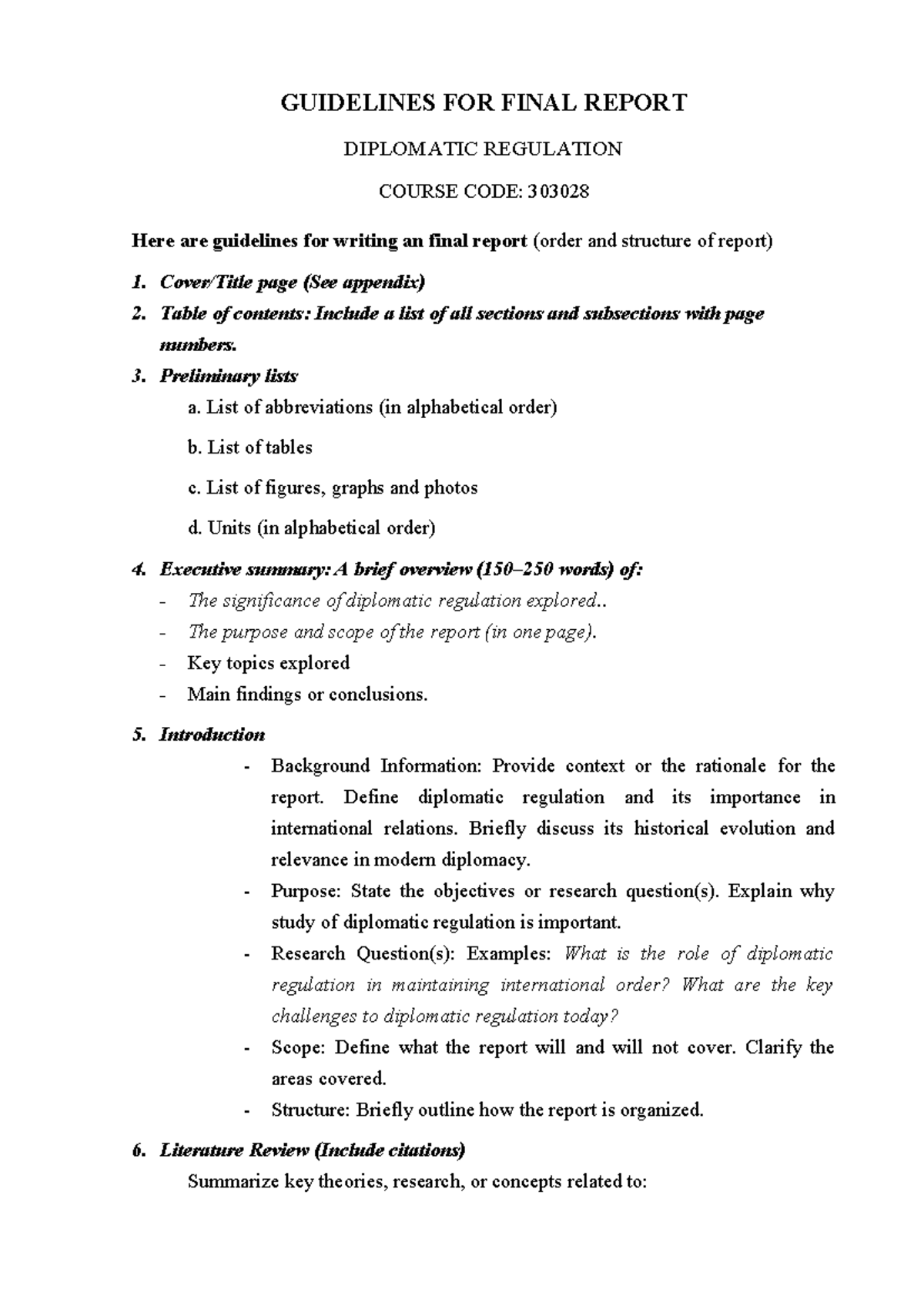 Guidelines FOR Final Report - GUIDELINES FOR FINAL REPORT DIPLOMATIC ...