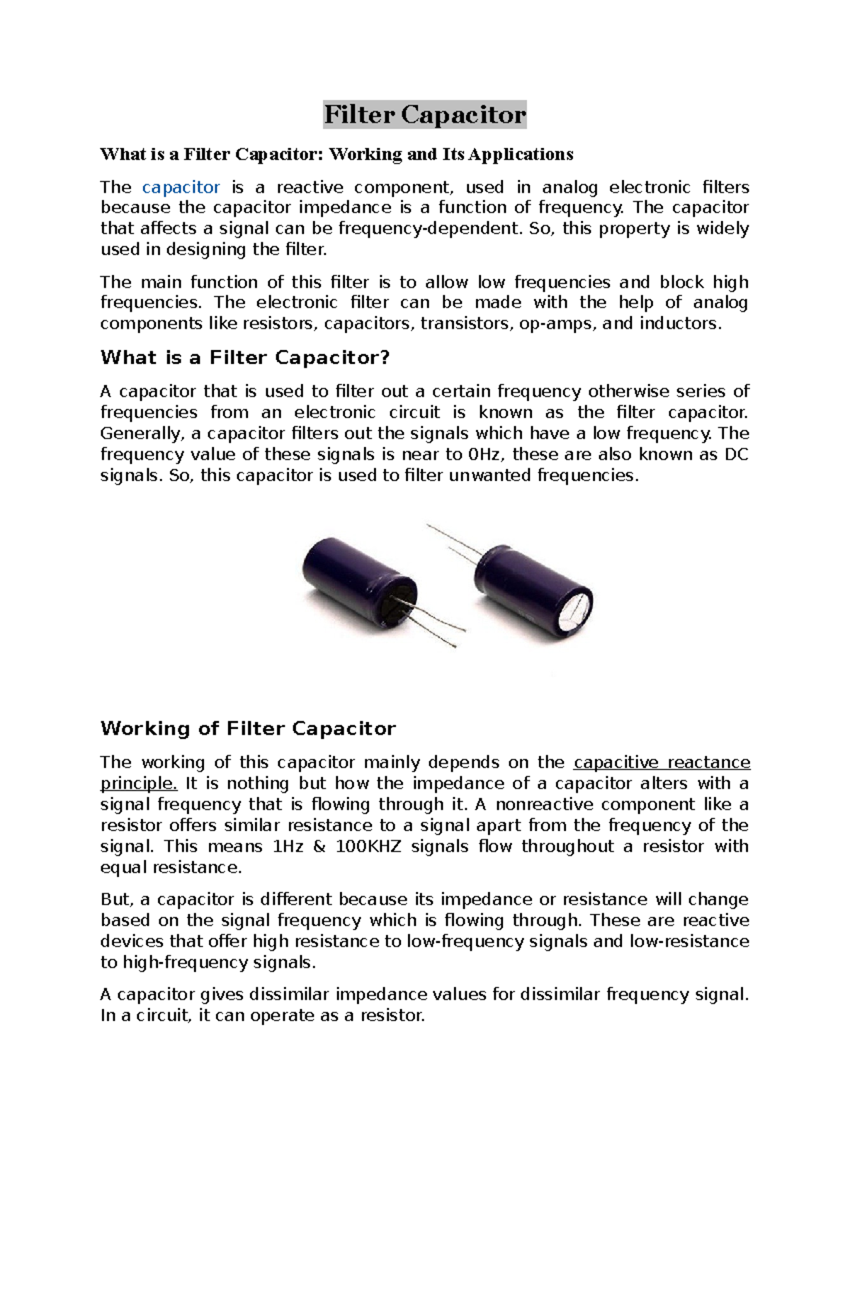 Filter Capacitor - Notes - Filter Capacitor What is a Filter Capacitor ...