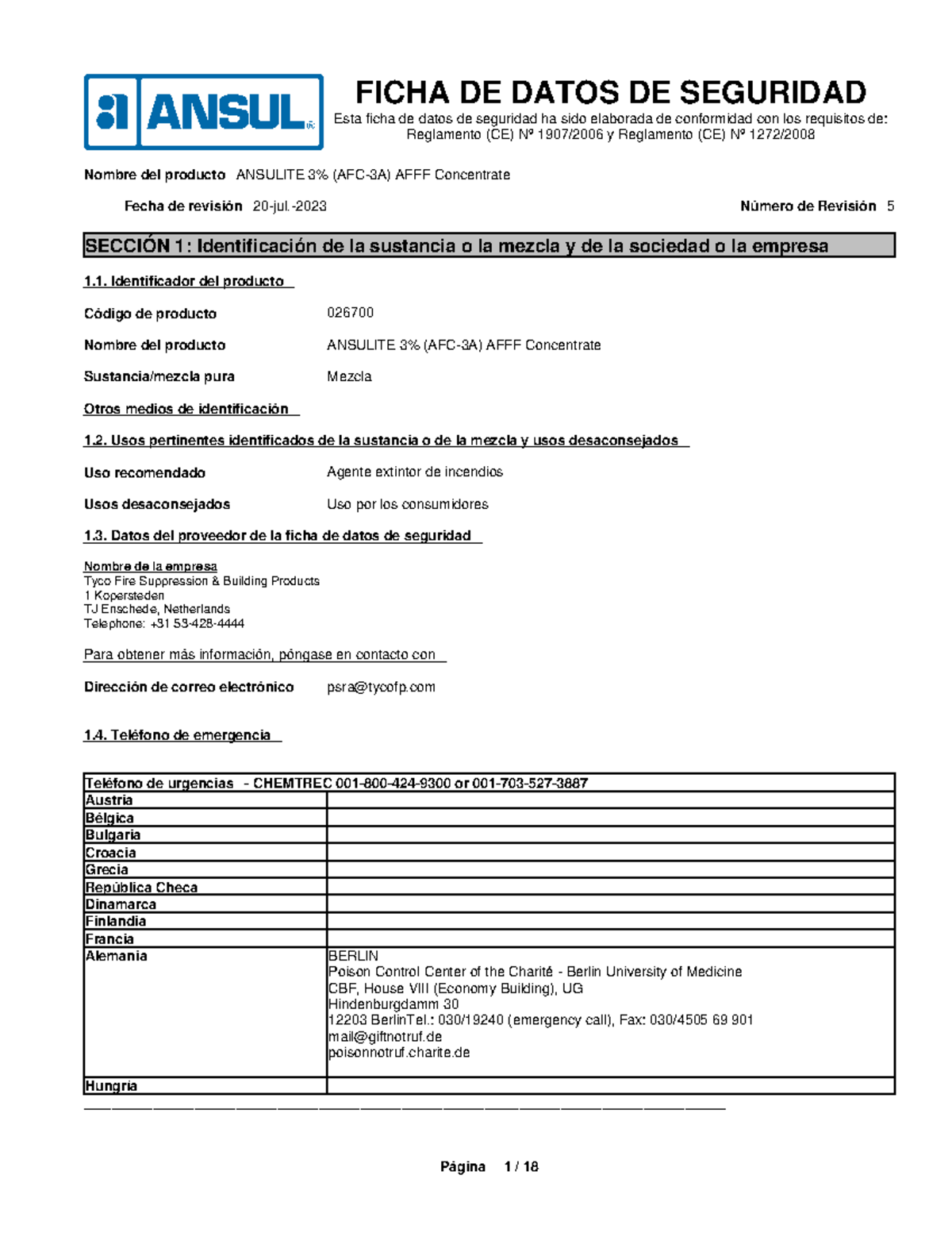 Ficha de Datos de Seguridad: ANSULITE 3% (AFC-3A) AFFF Concentrate ...