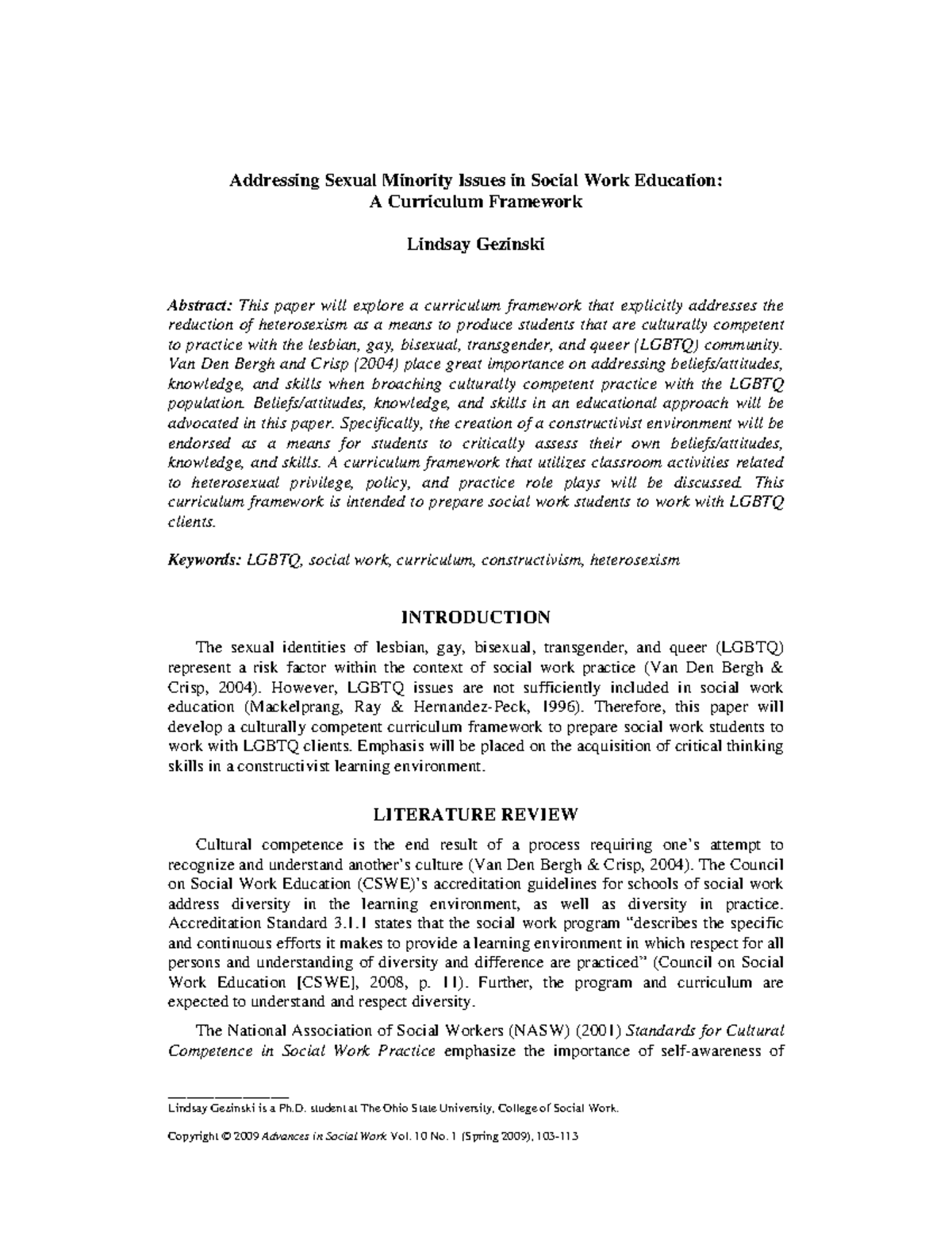 SWK 501: Culturally Competent Curriculum Framework for LGBTQ Issues ...