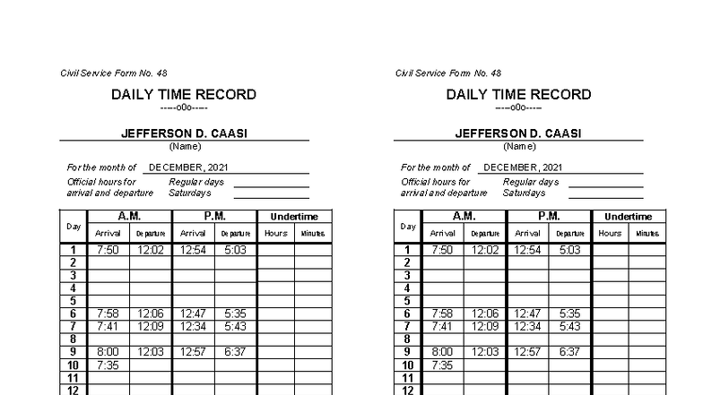 Civil Service Form No. 48: Daily Time Record for December 2021 - Studocu