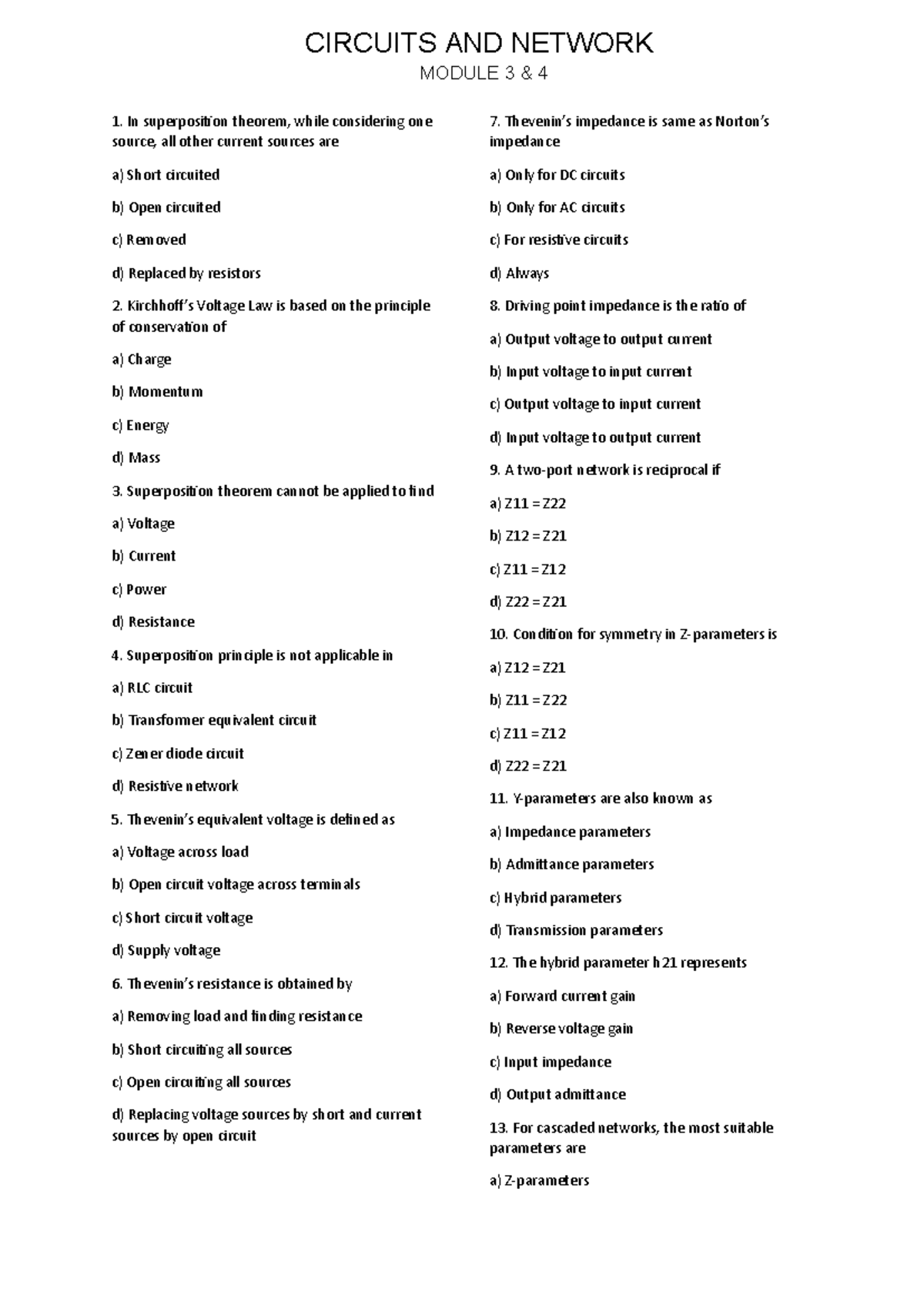 CIRCUITS AND NETWORKS MODULE 3: Superposition & Impedance Concepts ...