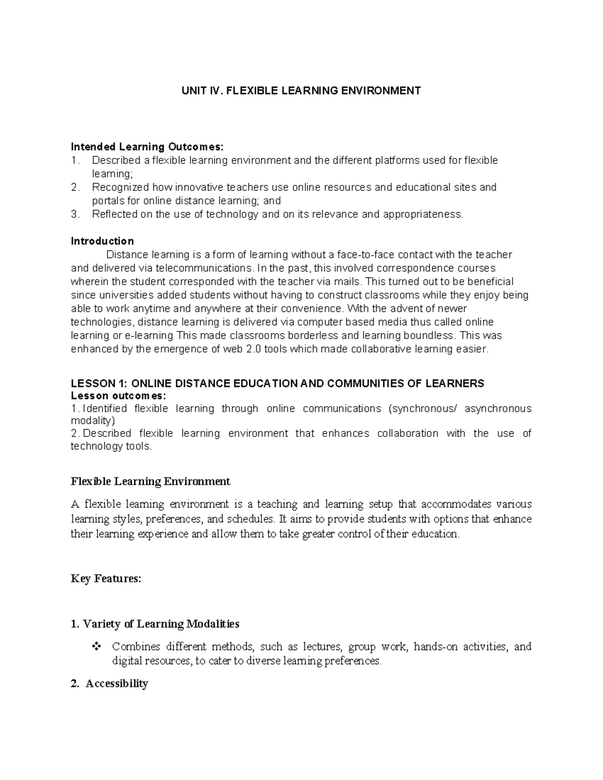 UNIT4-SOR - Flexible Learning Environments and Distance Education - Studocu