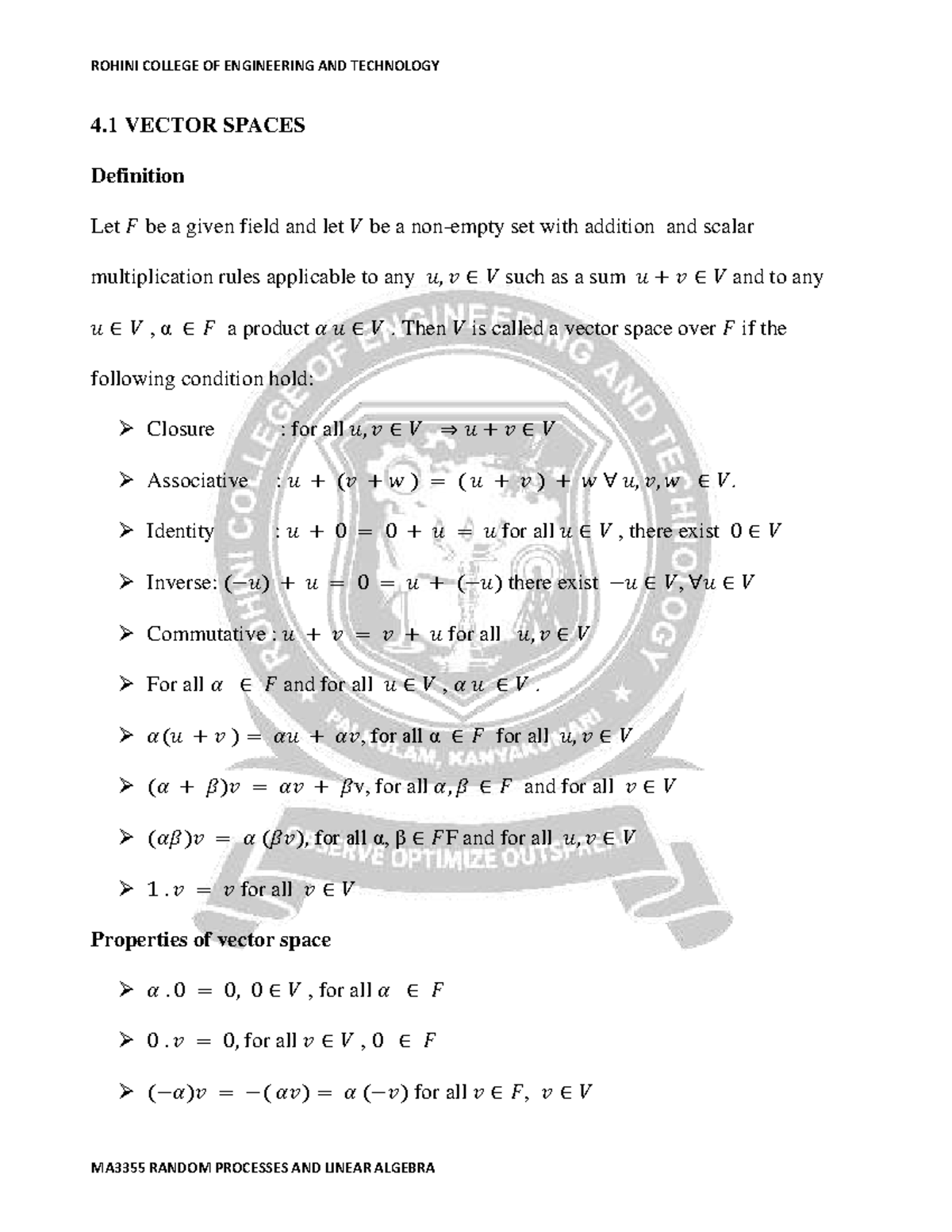 MA3355 Vector Spaces: Definitions and Properties Overview - Studocu