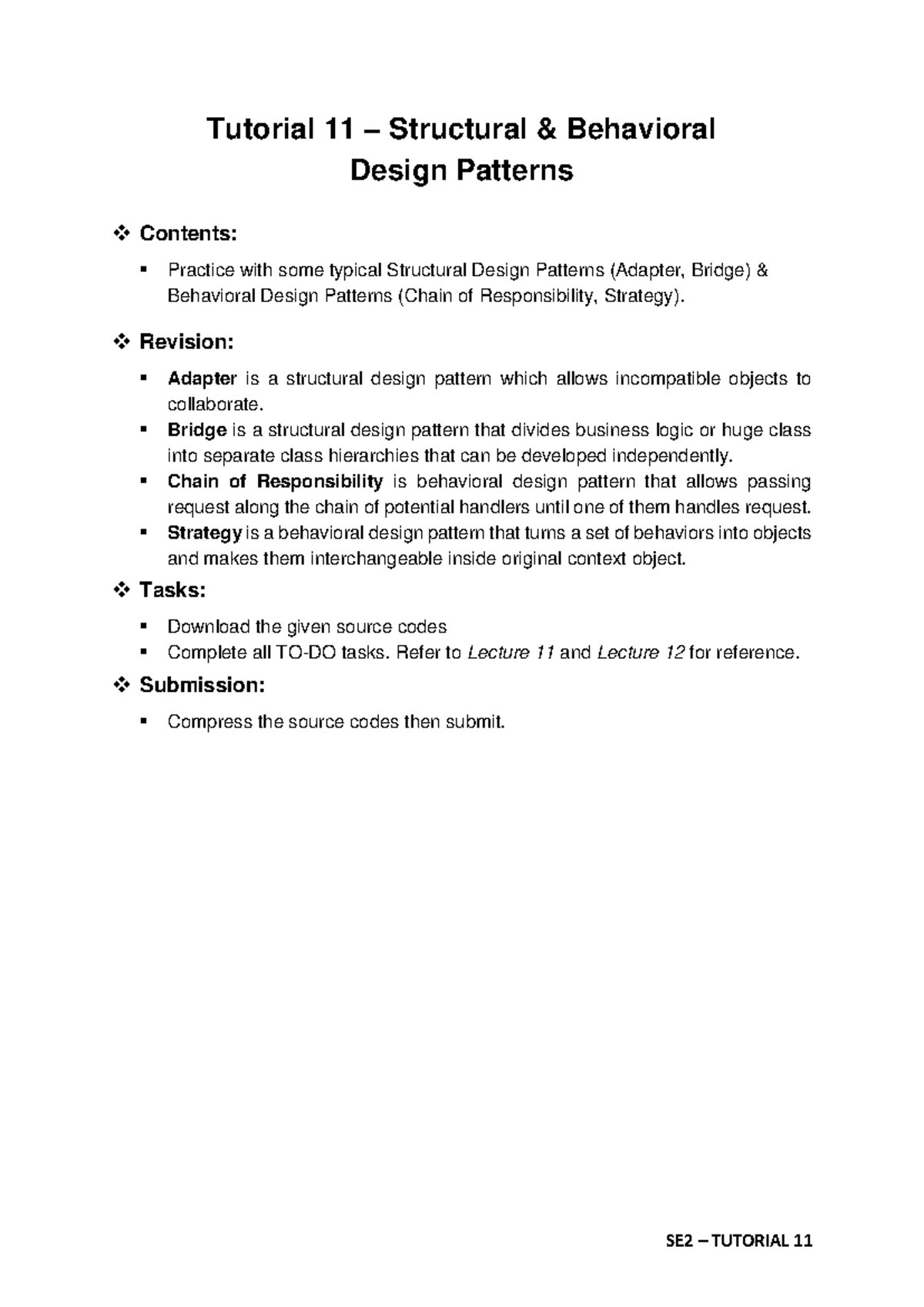 SE2 Tutorial 11: Structural & Behavioral Design Patterns Overview - Studocu