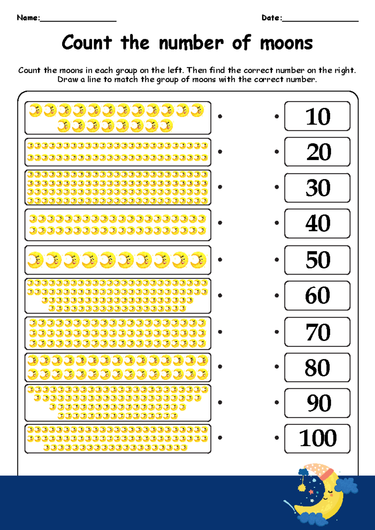 Matching Numbers by Counting Moons - Kindergarten Worksheet - Count the ...