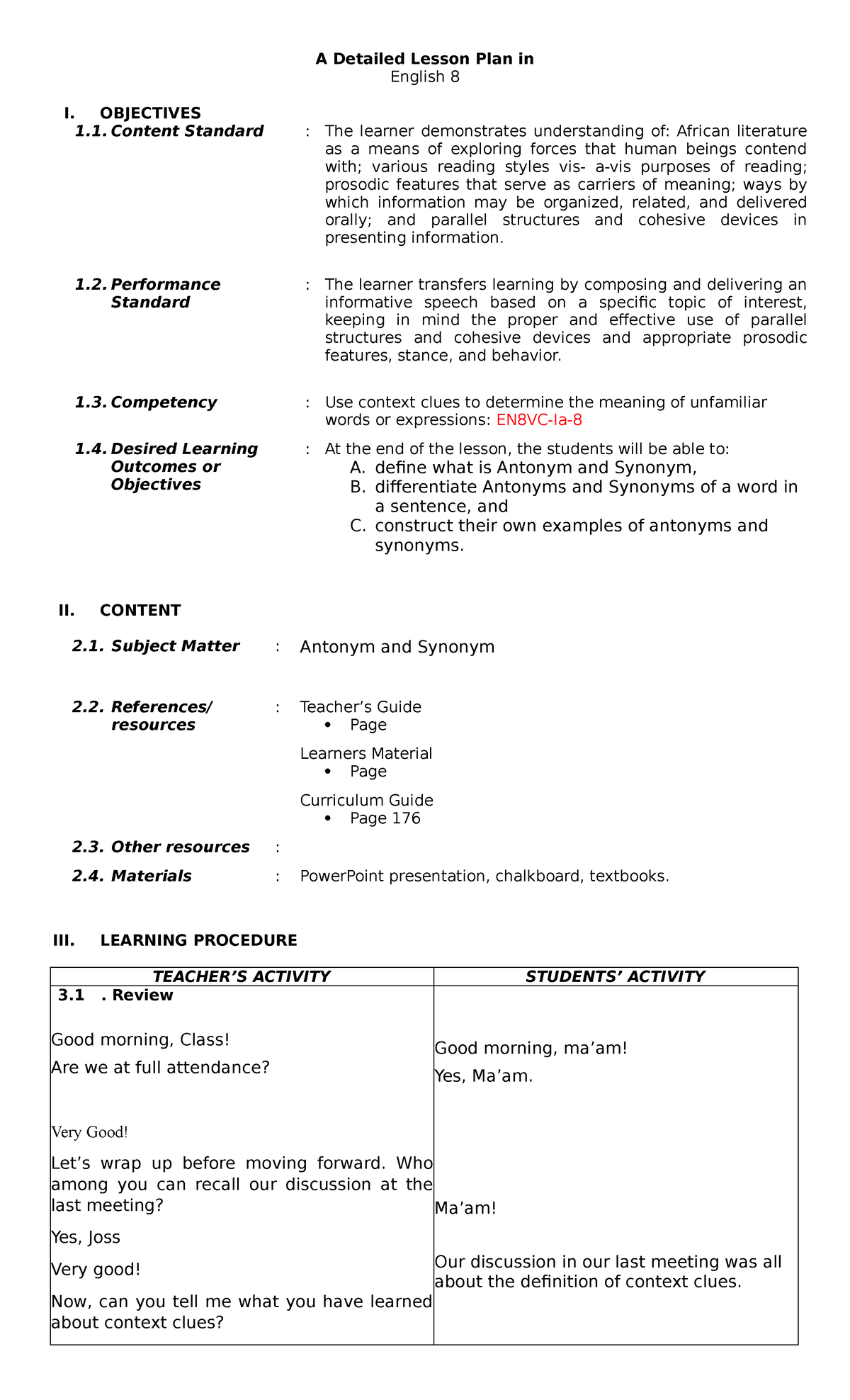TTL 12 Lesson Plan: Understanding Antonyms and Synonyms in English 8 ...