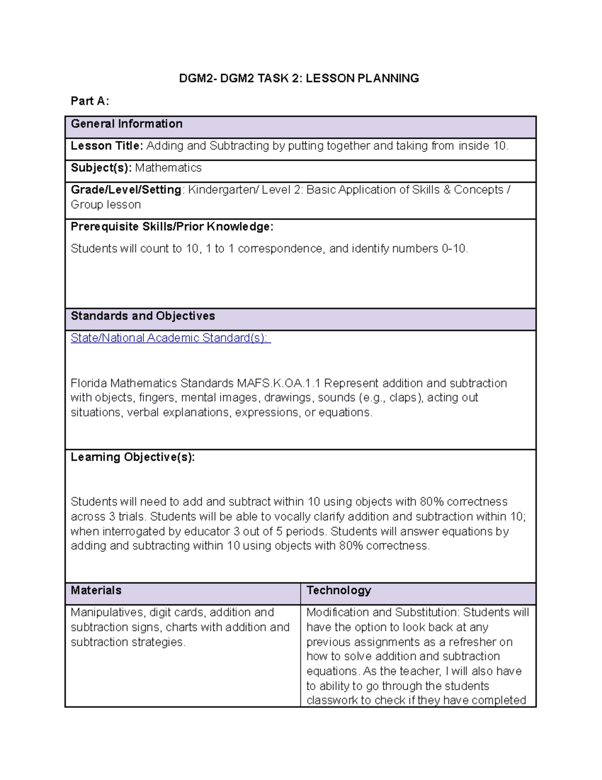 D091 Task 2 Lesson Plan - DGM2- DGM2 TASK 2: LESSON PLANNING Part A: General Information Lesson ...