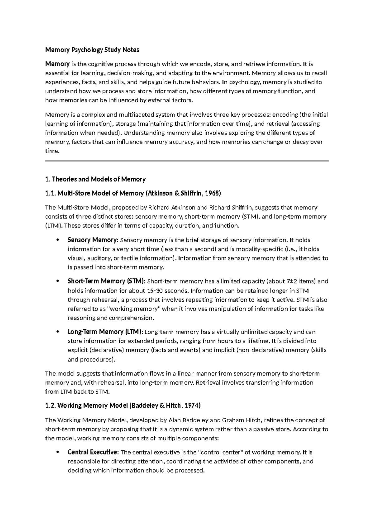 Memory Psychology Study Notes 5 - Memory Psychology Study Notes Memory ...