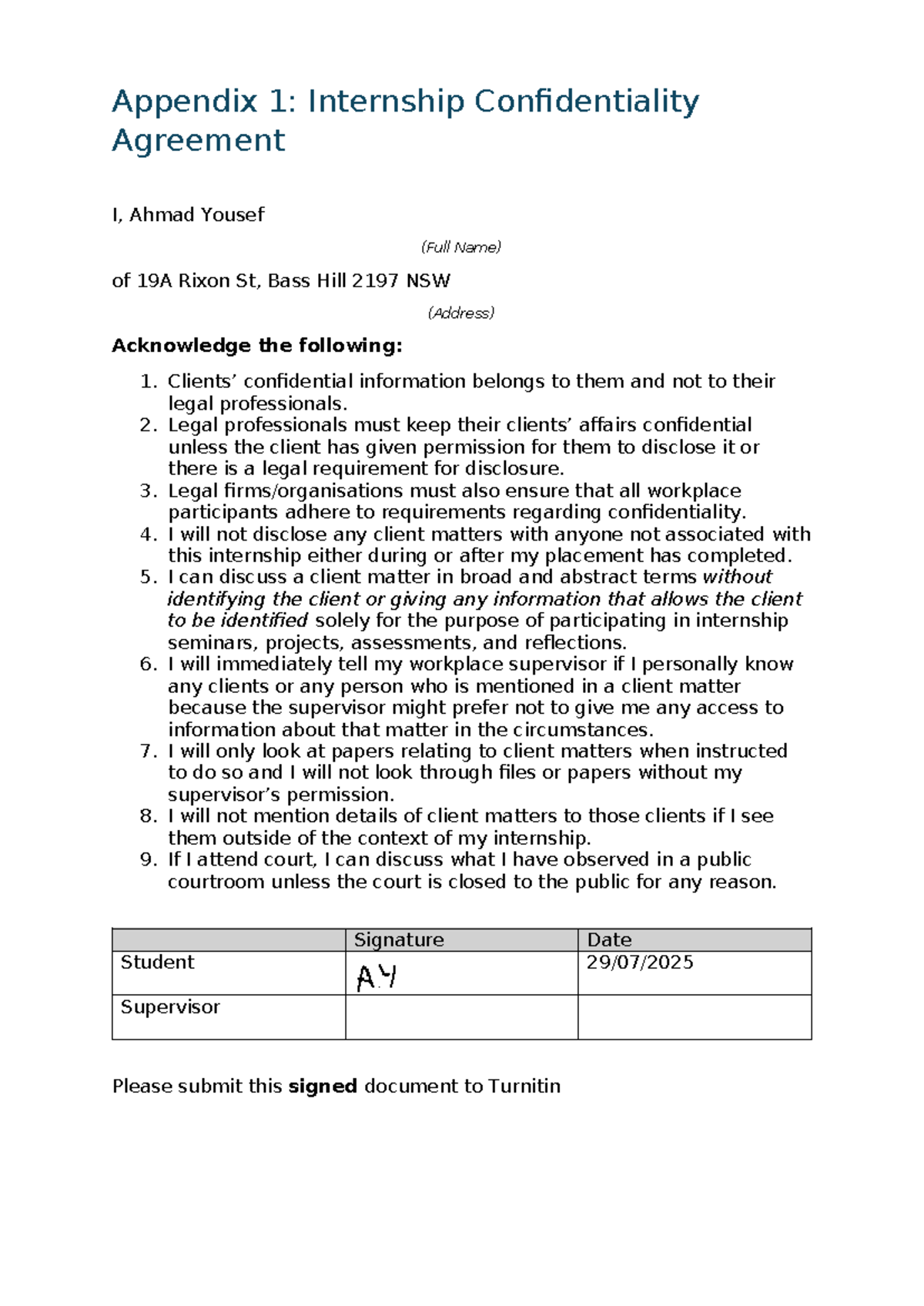 Appendix 1: Internship Confidentiality Agreement for Legal ...