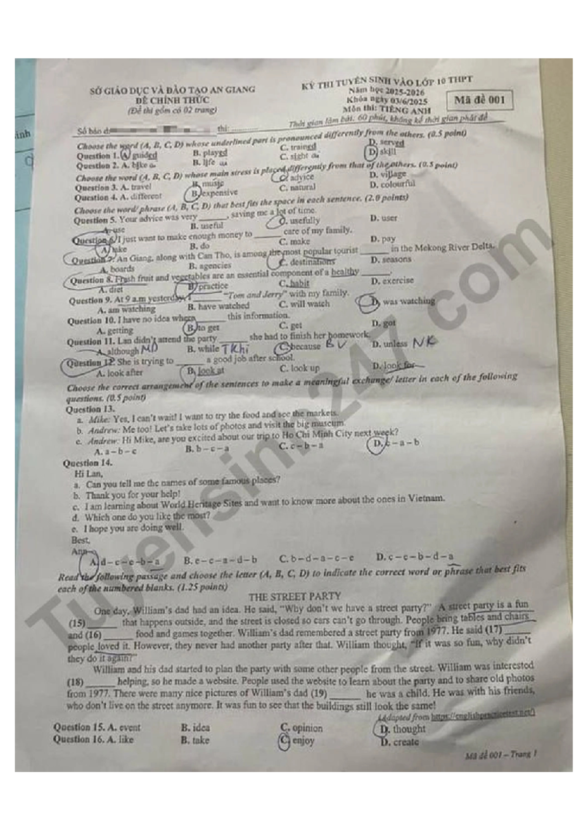 Đề thi TIẾNG ANH vào lớp 10 THPT 2025 - An Giang - Studocu