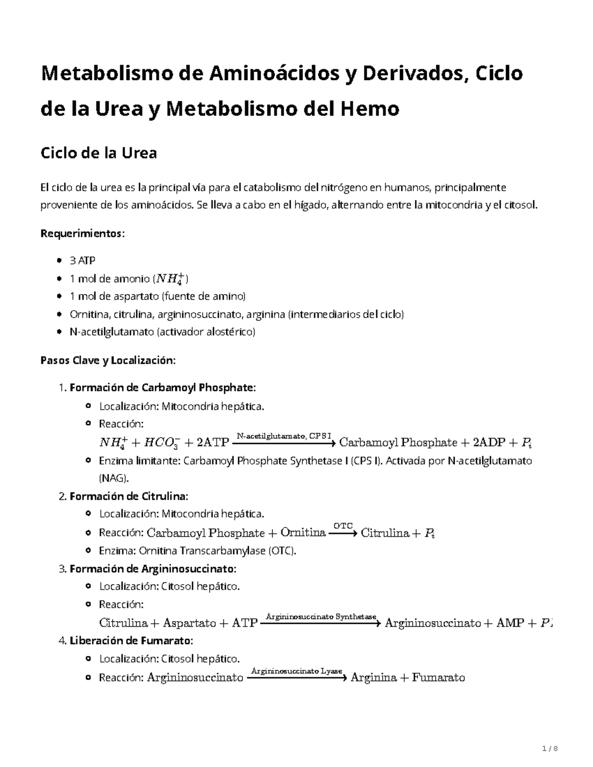 Bioquímica de Aminoácidos y Hemo: Ciclo de la Urea y Metabolismo - Studocu