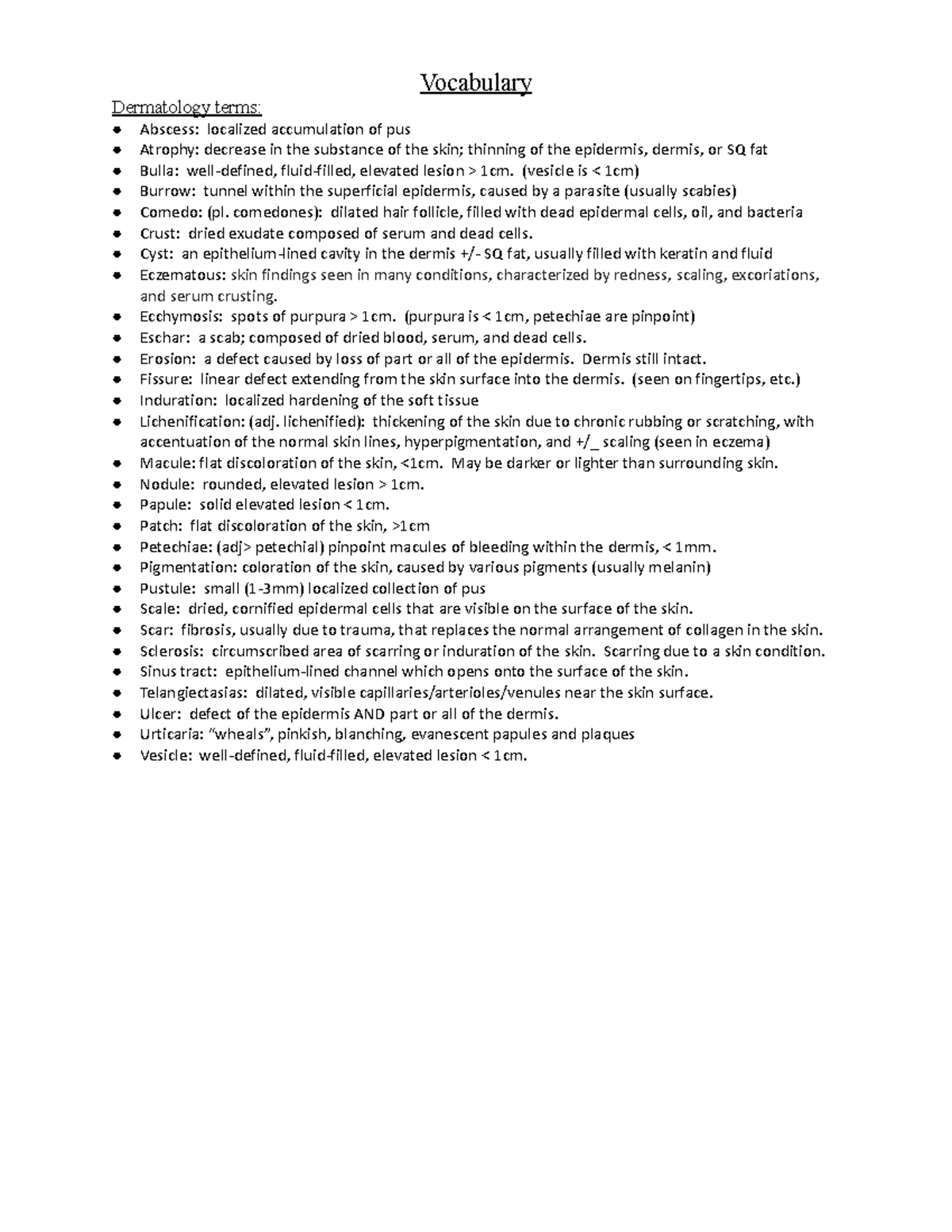 Dermatology Vocabulary Terms Guide: Key Definitions and Concepts - Studocu