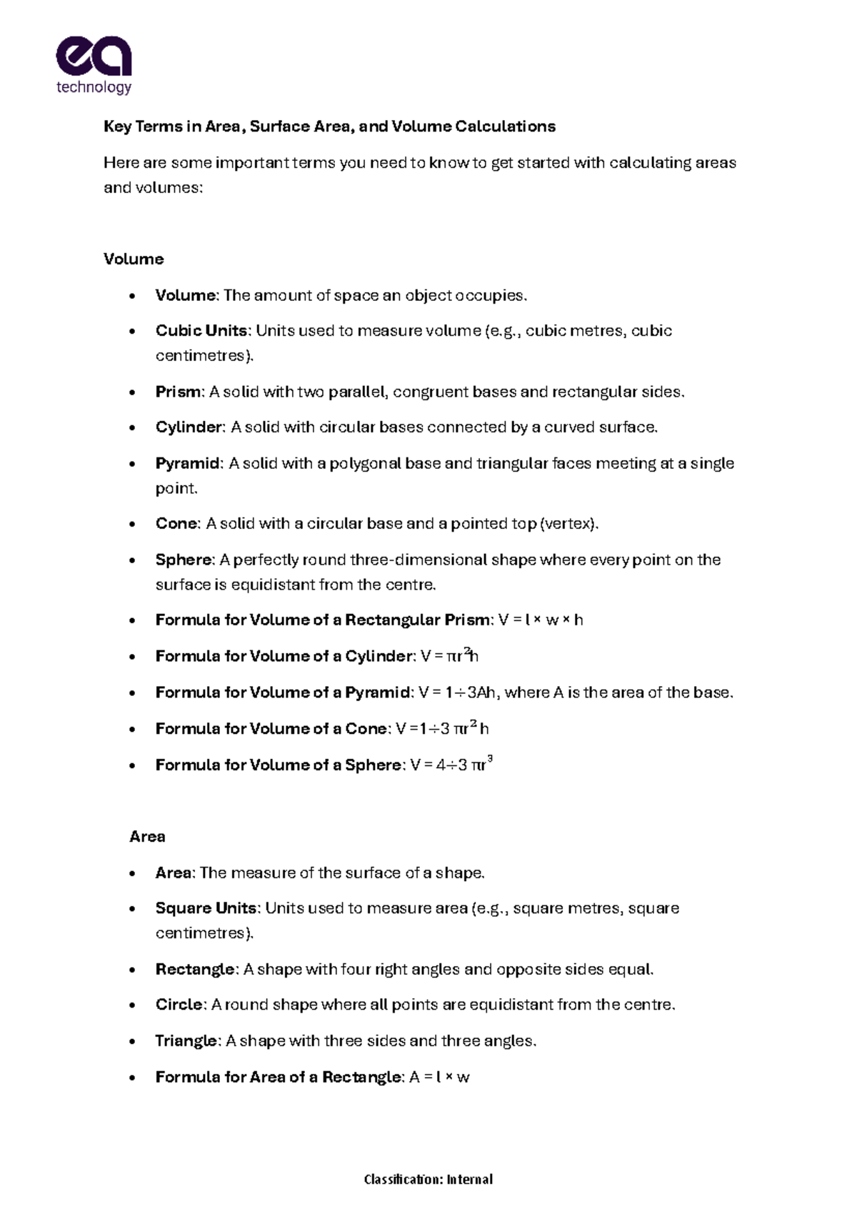 Key Terms for Area, Surface Area & Volume Calculations - Studocu