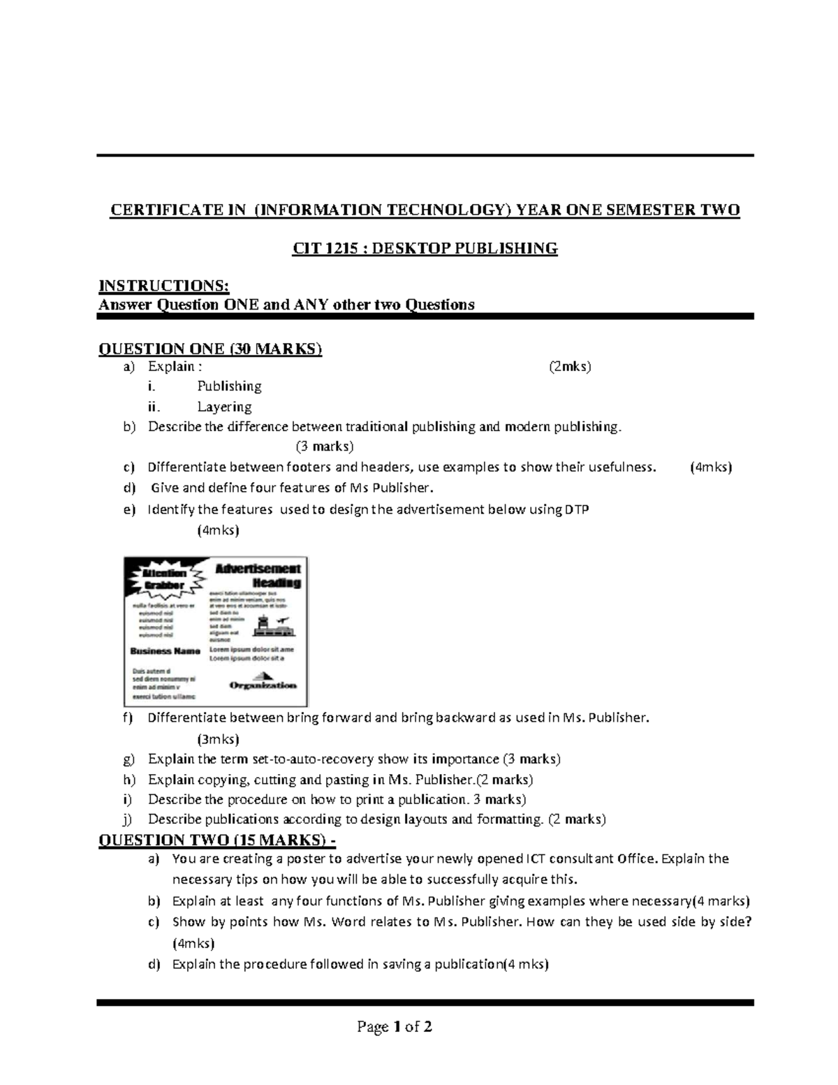 CIT 1215 Desktop Publishing: Year One Semester Two Exam Guide - Studocu