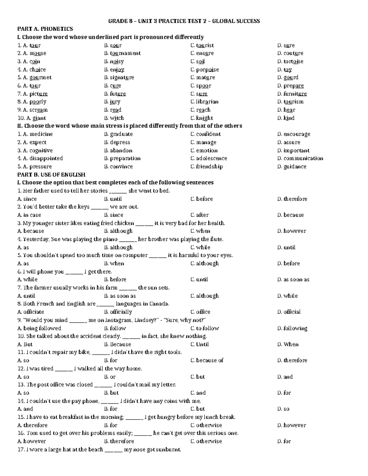 Grade 8 - Unit 3 Practice Test 2 - Global Success Review - Studocu