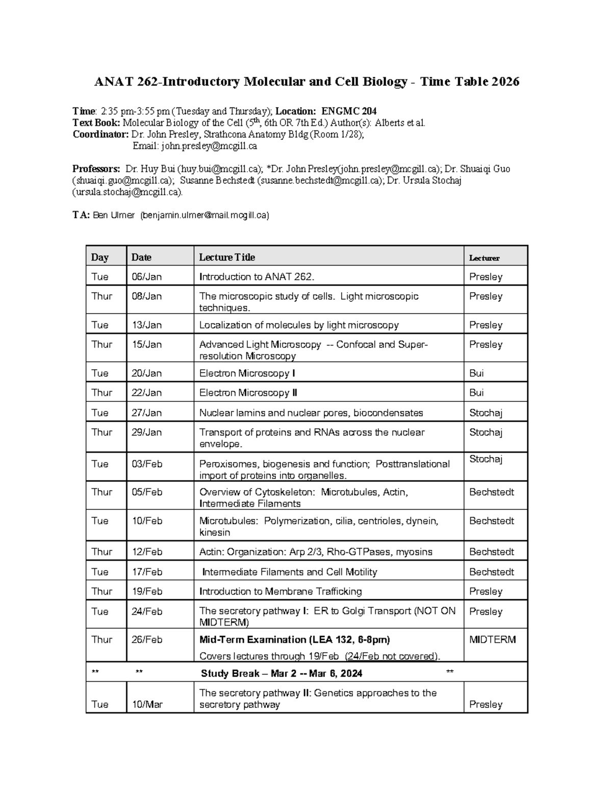 ANAT 262 Molecular and Cell Biology Lecture Schedule 2026 - Studocu