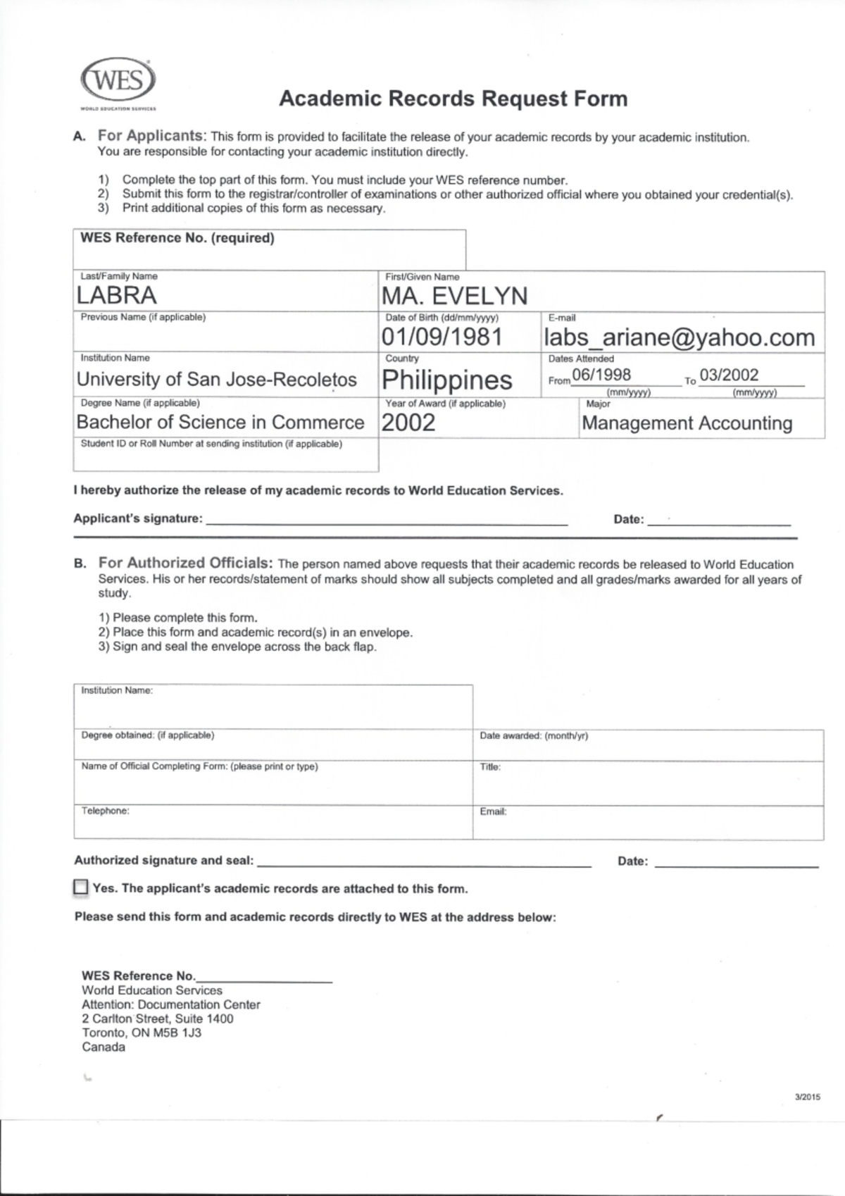 Wes request form - research - Bachelor of Science in Customs ...