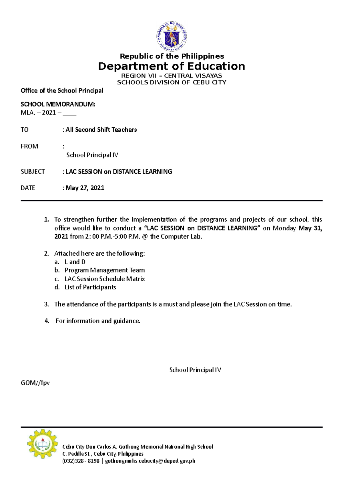 Memo: LAC Session on Distance Learning for Second Shift Teachers - Studocu