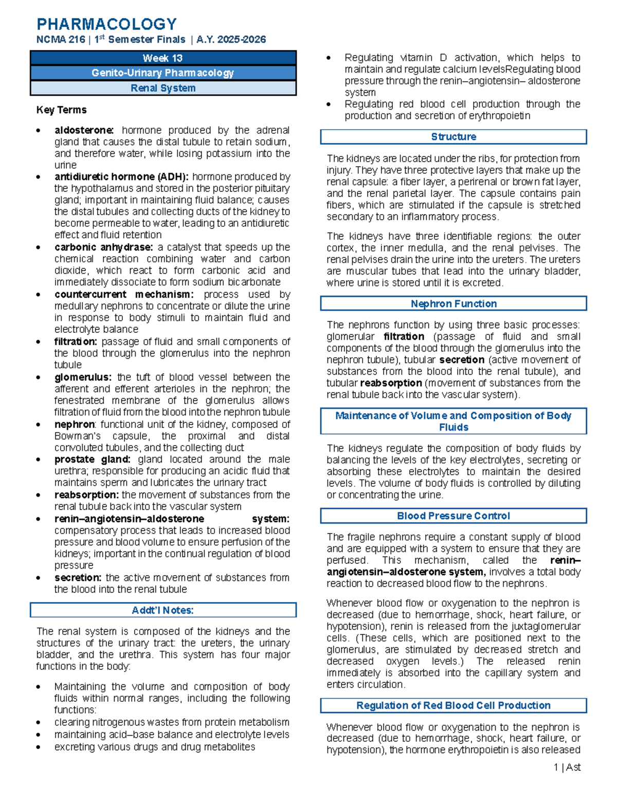 Pharmacology NCMA 216 1st Semester Finals: Renal System Key Terms and ...