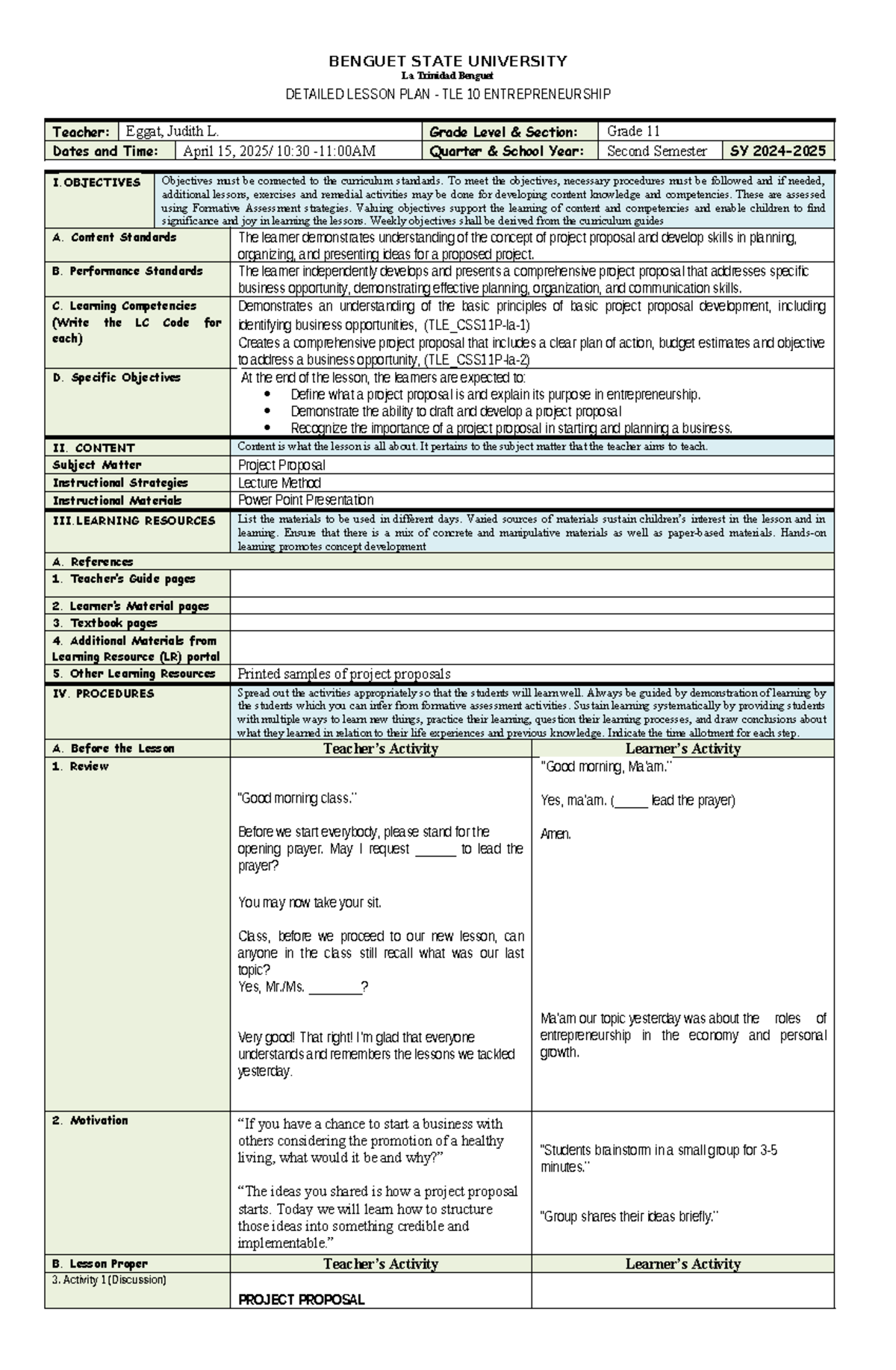 Detailed Lesson Plan on Project Proposal Development for TLE 10 - Studocu