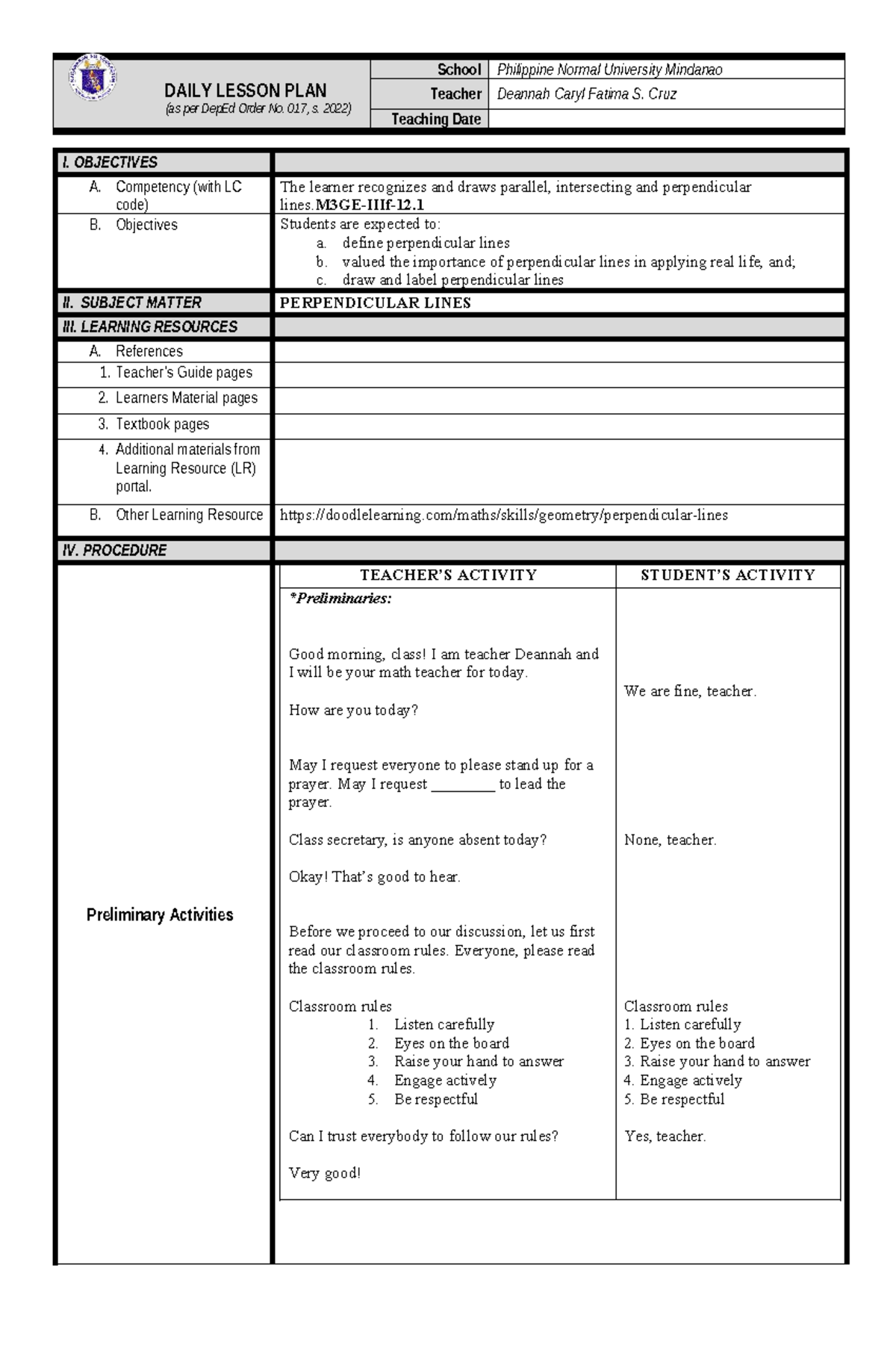 PNU Mindanao Math Lesson Plan: Perpendicular Lines Activities & Quiz - Studocu