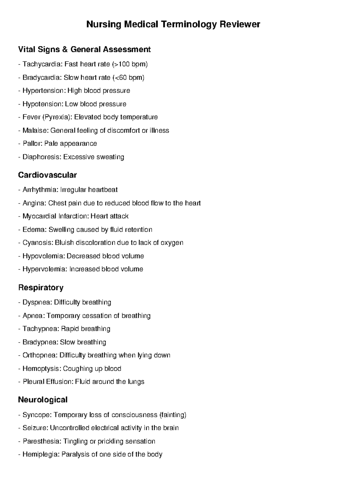 NUR 101: Nursing Medical Terminology Reviewer on Vital Signs ...
