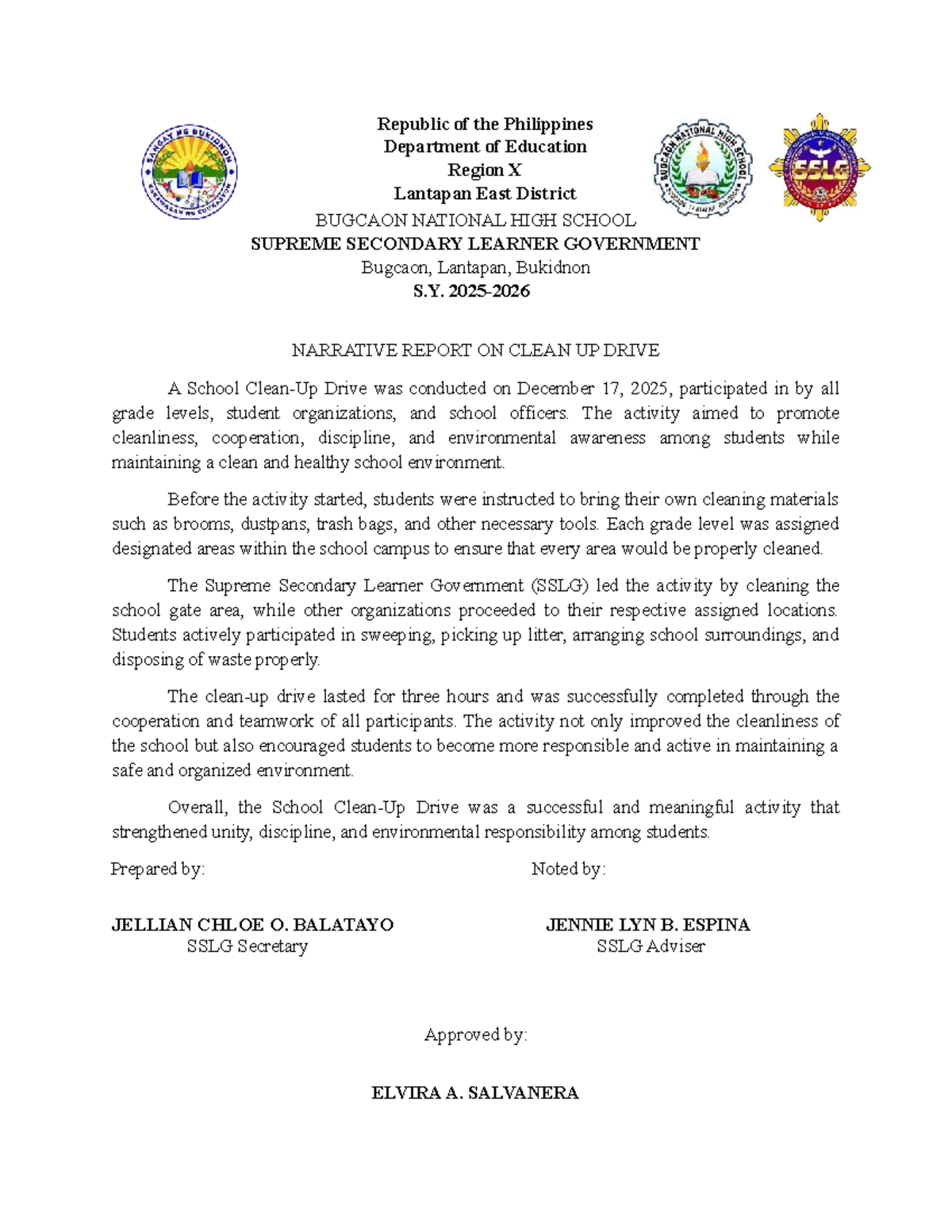Clean Up Drive Narrative Report 2025 - Bugcaon National HS - Studocu