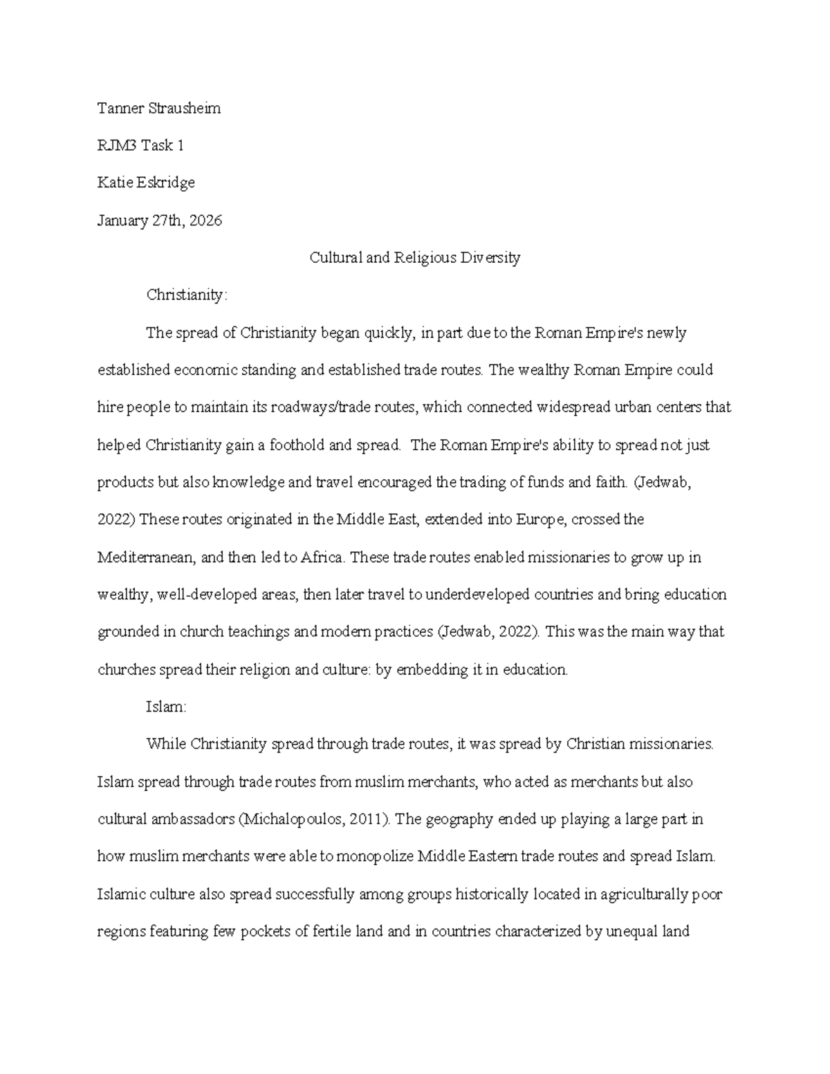 RJM3 Task 1 - Outline on Cultural and Religious Diversity - Studocu