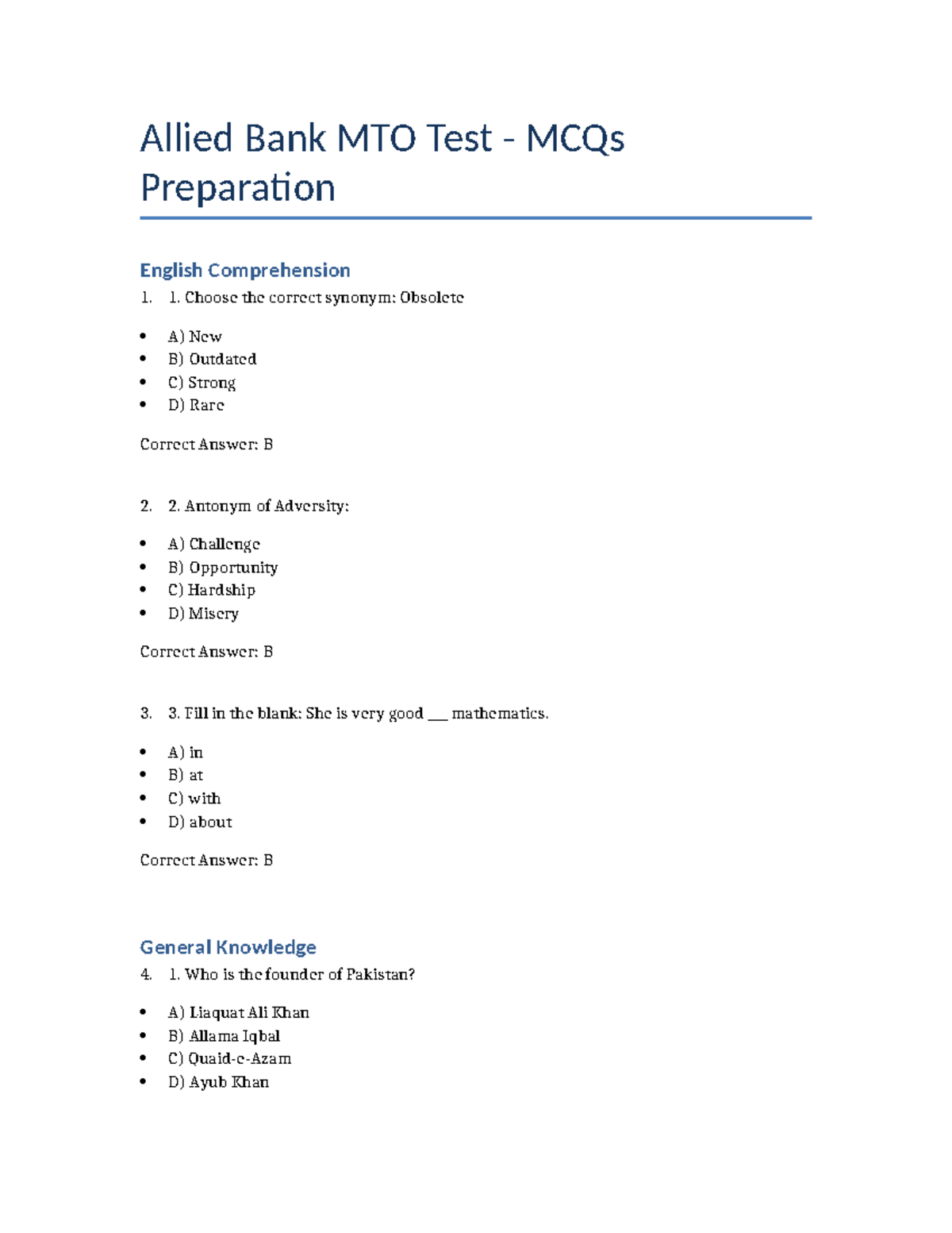 Allied Bank MTO Test MCQs: English Comprehension & General Knowledge ...