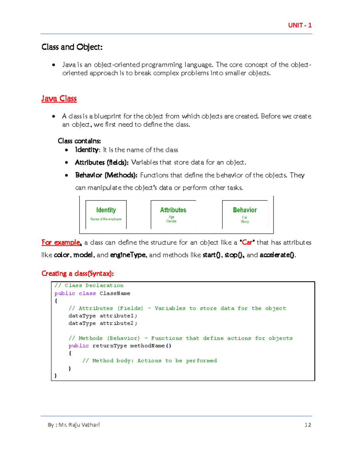 UNIT 1: Understanding Classes and Objects in Java Programming - Studocu