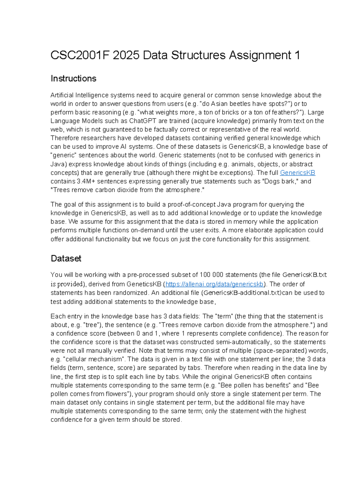 CSC2001F 2025 Data Structures Assignment 1: AI Knowledge Base Development - Studocu