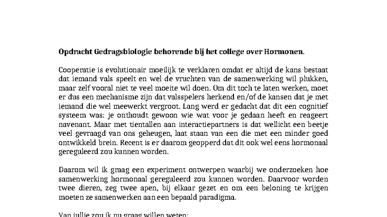 Opdracht Gedragsbiologie 2024: Experiment over Hormonen en Samenwerking ...
