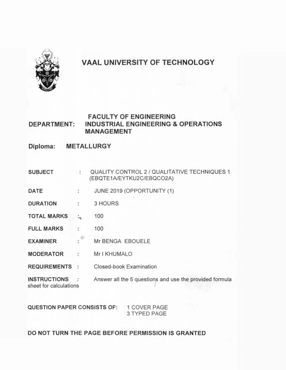 qualitative techniques exam past paper - VAAL UNIVERSITY OF TECHNOLOGY ...