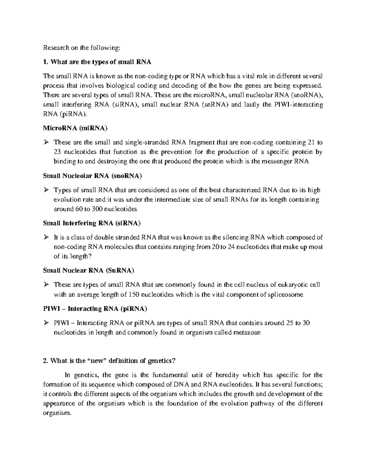 DNA Answer Sheet: Types of Small RNA, Genetics, Introns, and Splicing - Studocu