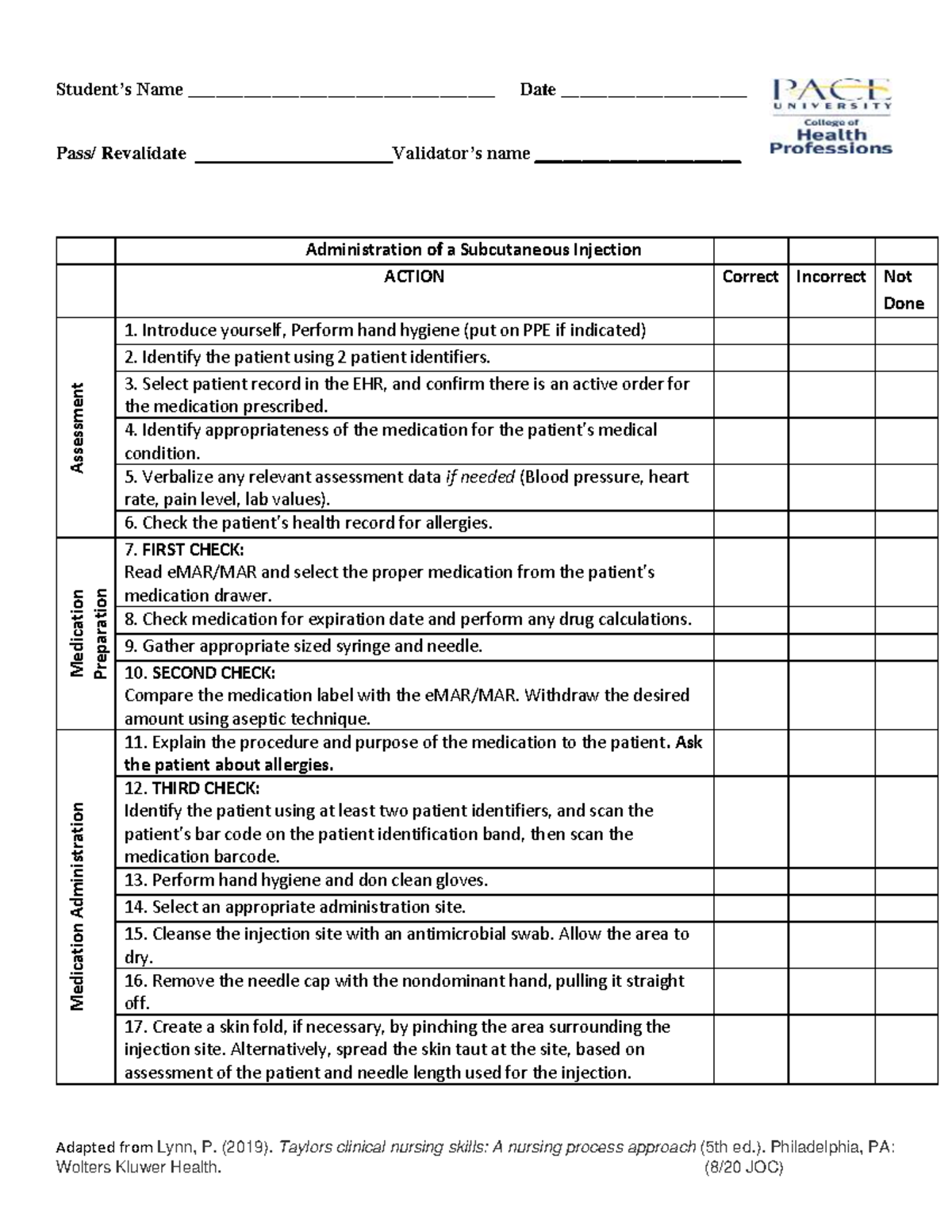 Validation Checklist Sub-Q Injection 2020 202 - Student’s Name ...