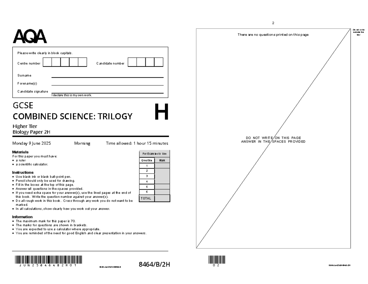 GCSE COMBINED SCIENCE: TRILOGY Higher Tier Biology Paper 2H Exam 2025 ...