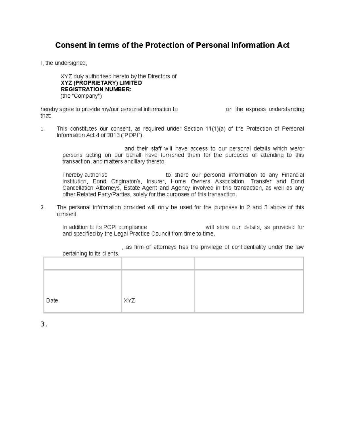 POPIA Consent Form Template for XYZ (Proprietary) Limited - Studocu